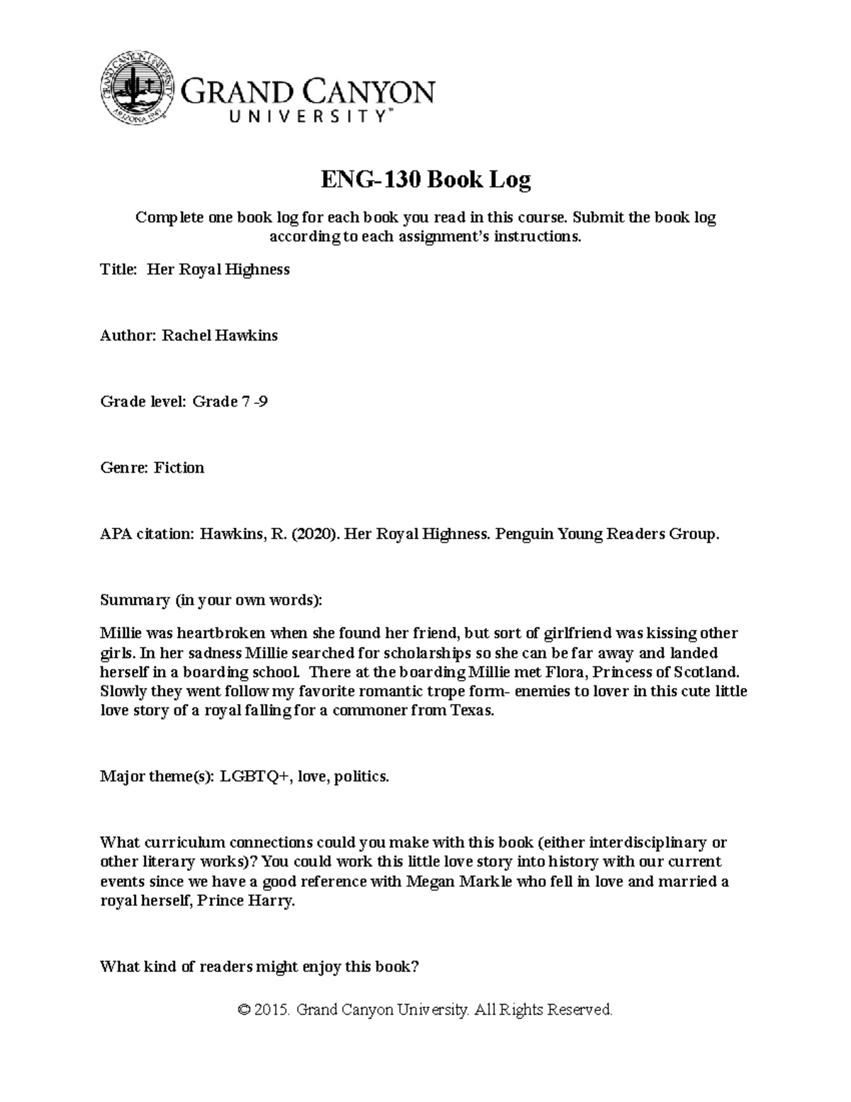ENG-130.Book Log Template Her Royal Highness - ENG-130 Book Log ...