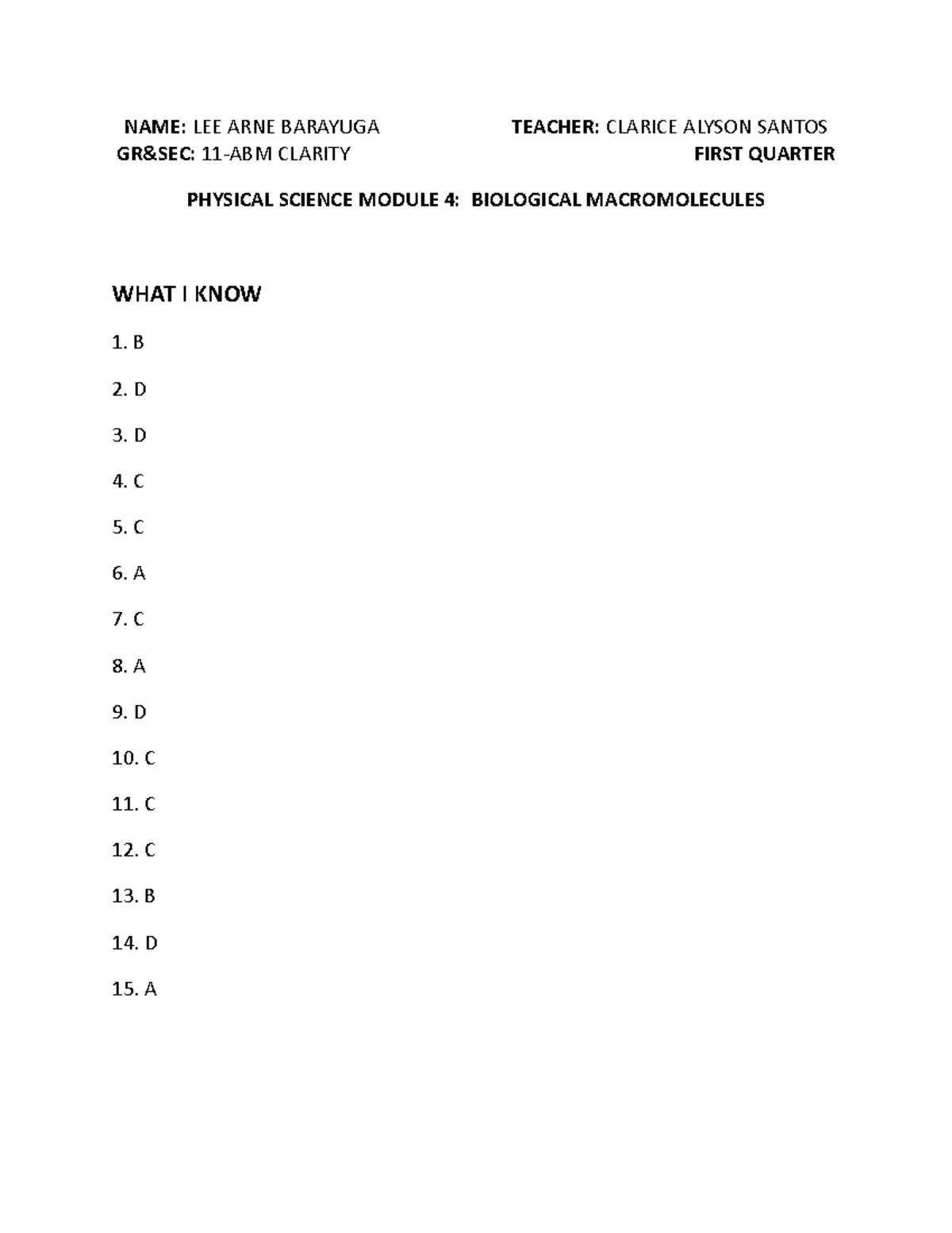 Physical Science Module 4 Biological Macromolecules - NAME: LEE ARNE ...