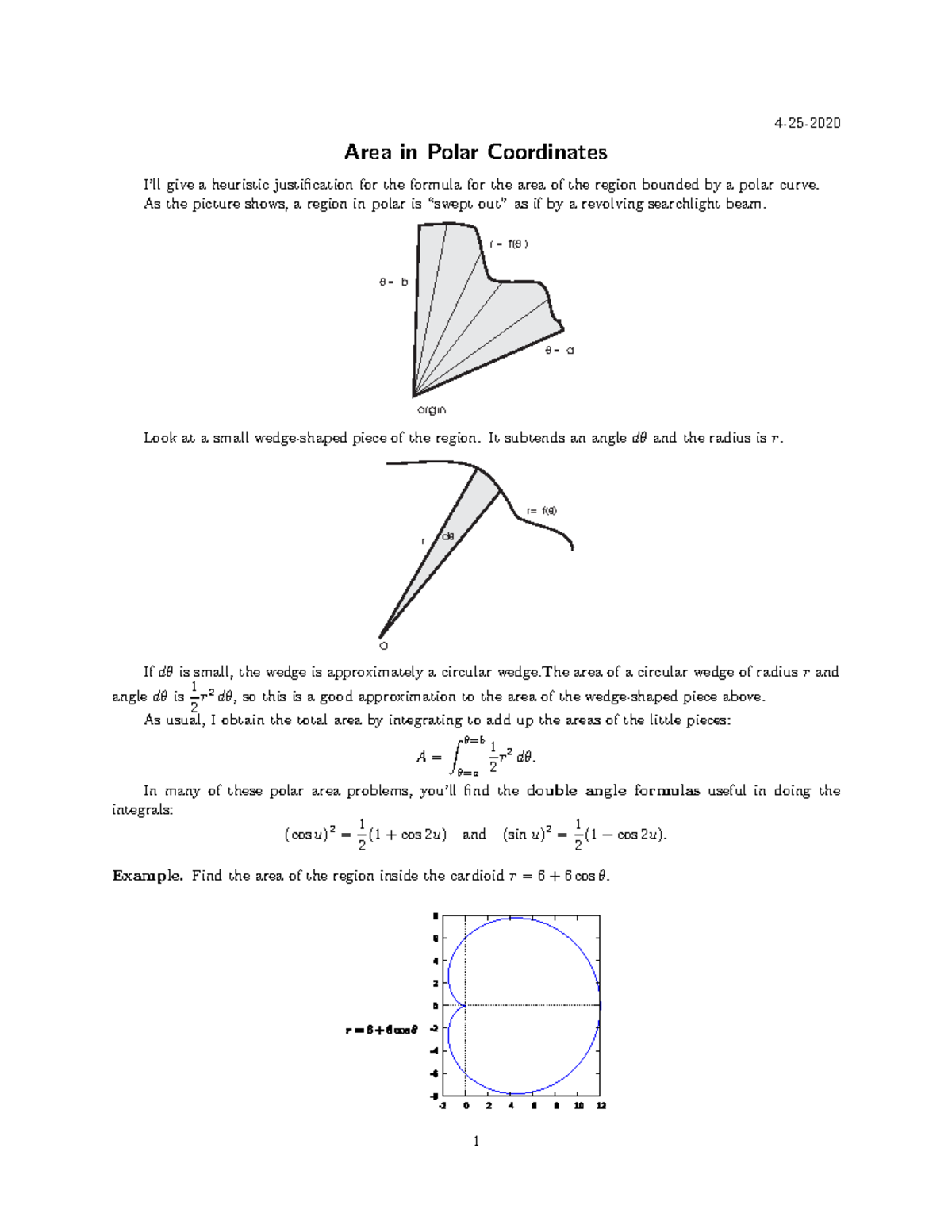 Area in polar coordinates - 4-25- Area in Polar Coordinates I’ll give a ...