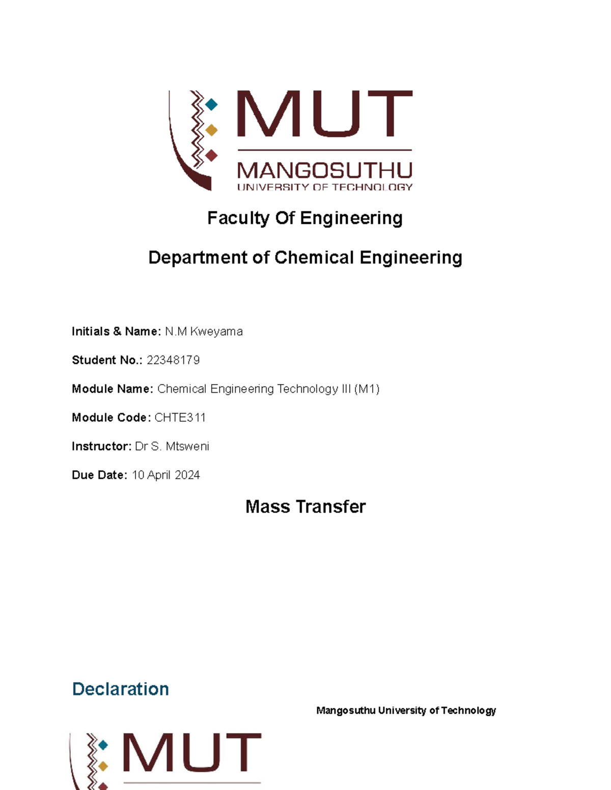 Mass Transfer-Module 1 Assignment - Faculty Of Engineering Department ...