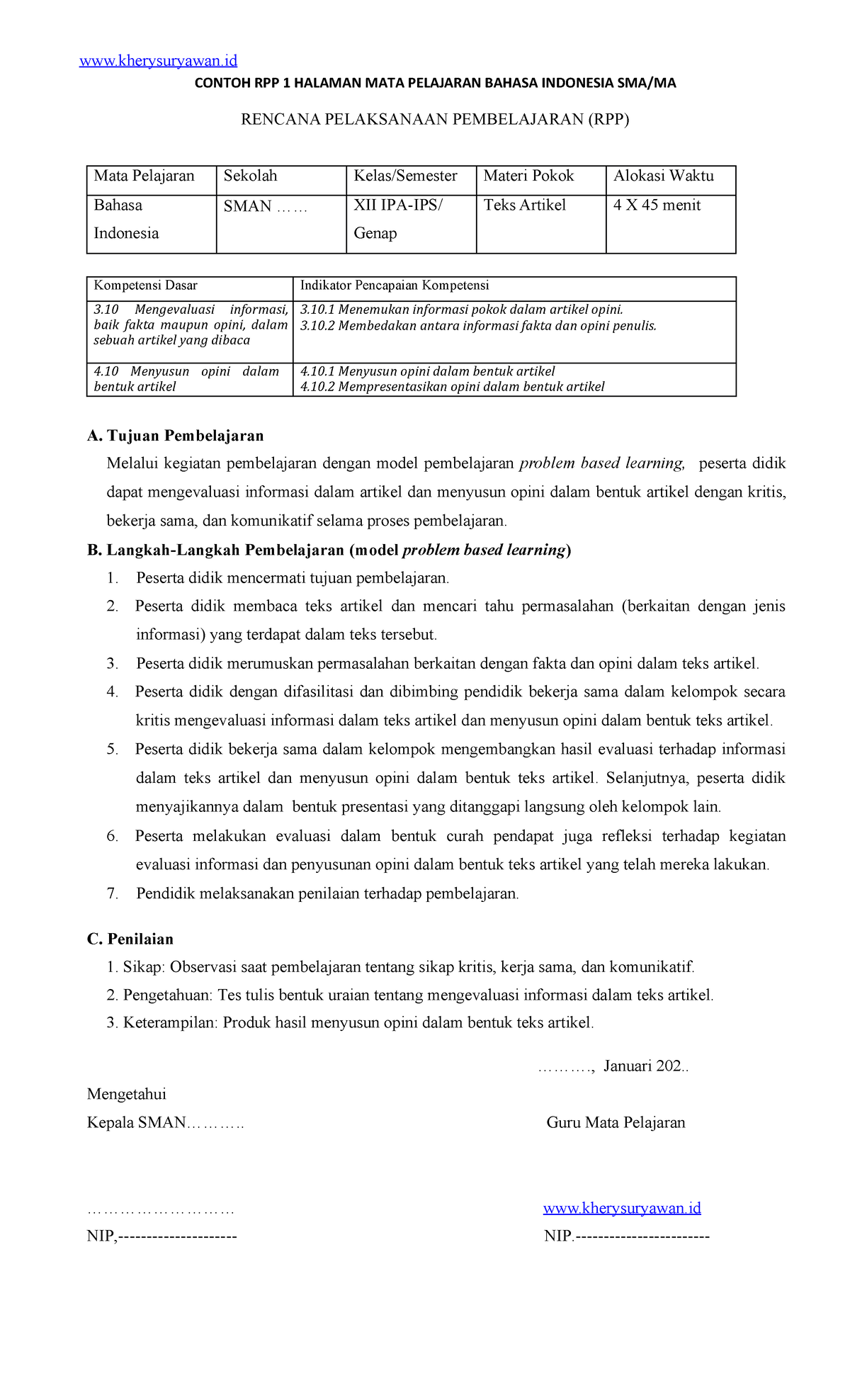 RPP 1 Lembar Teks Artikel-PBL-www - kherysuryawan CONTOH RPP 1 HALAMAN ...