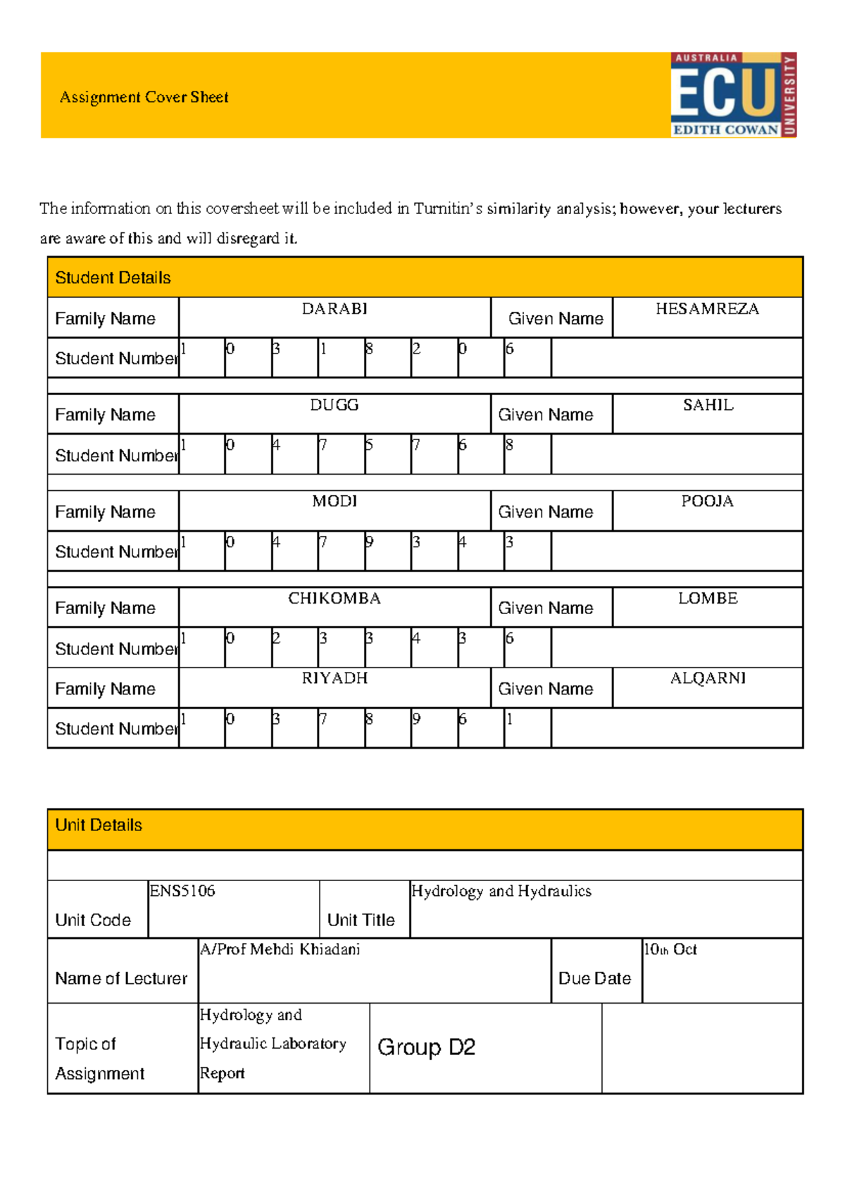 Hydrology LAB exp REV5 Final - Assignment Cover Sheet The information ...