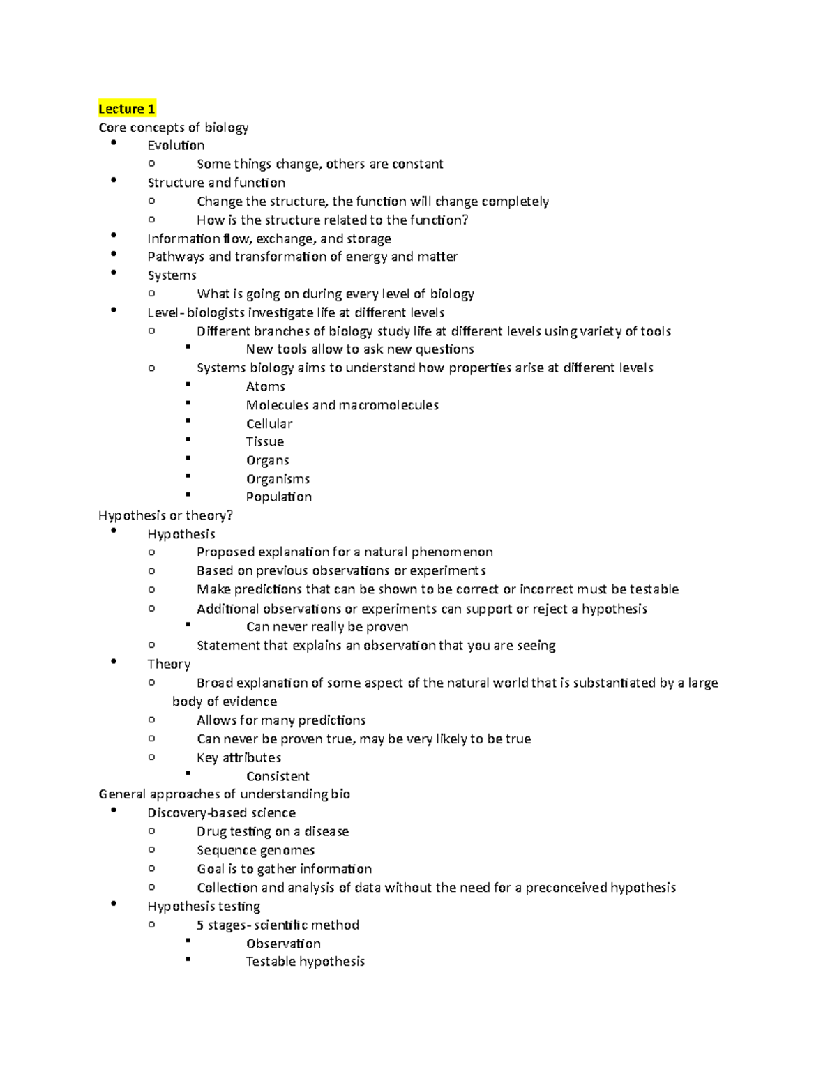 UNIT 1 Biology 1001 - Lecture notes 1-6 - Lecture 1 Core concepts of ...