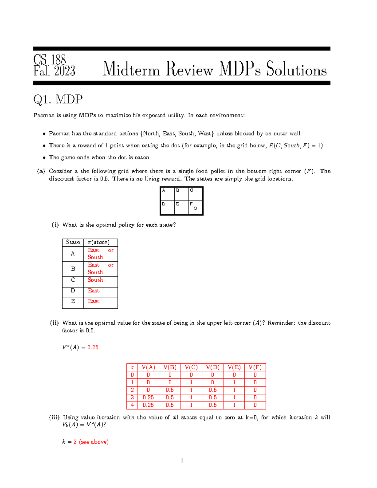 Mt-mdps-sols - midterm sol - CS 188 Fall 2023 Midterm Review MDPs ...