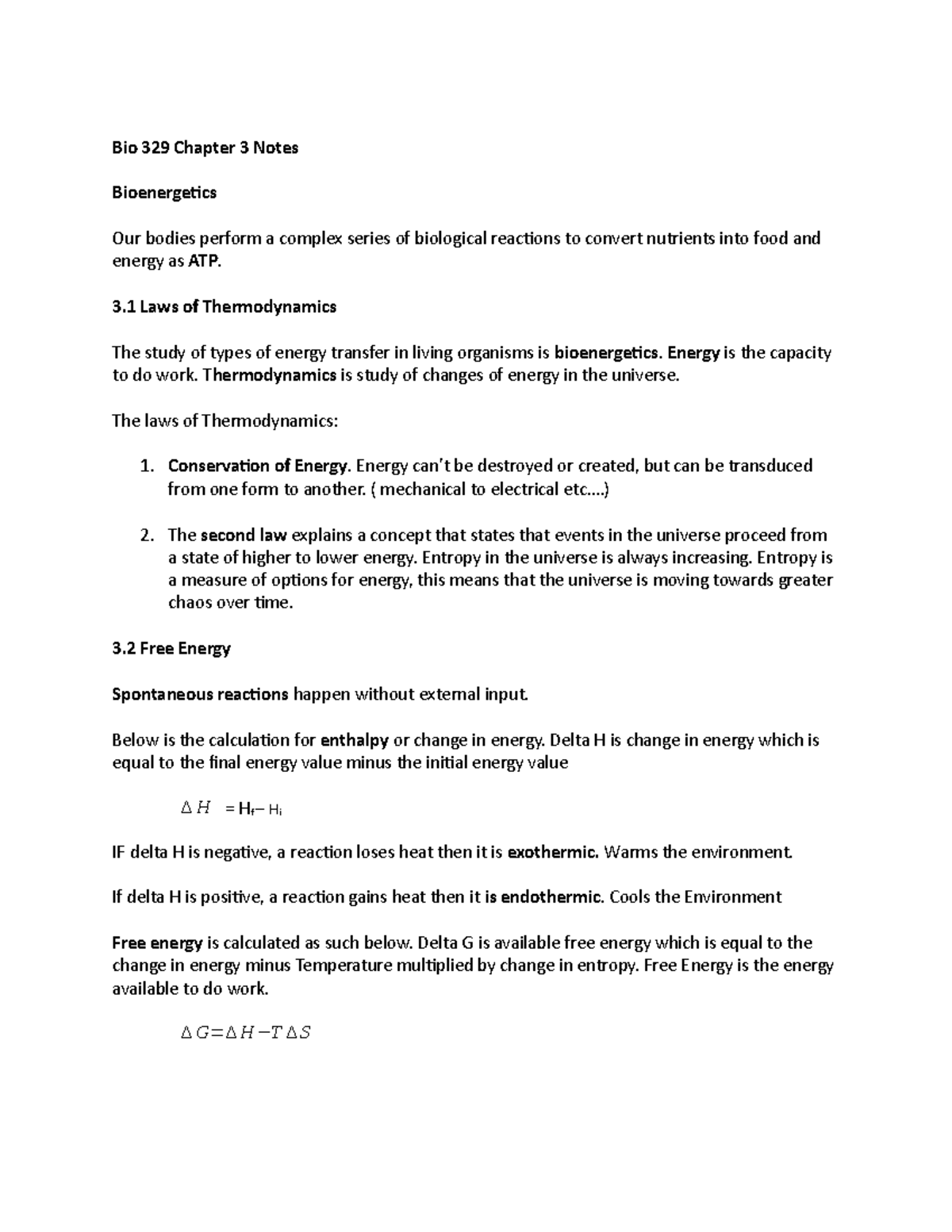 Bio 329 Chapter 3 Notes - Bio 329 Chapter 3 Notes Bioenergetics Our ...