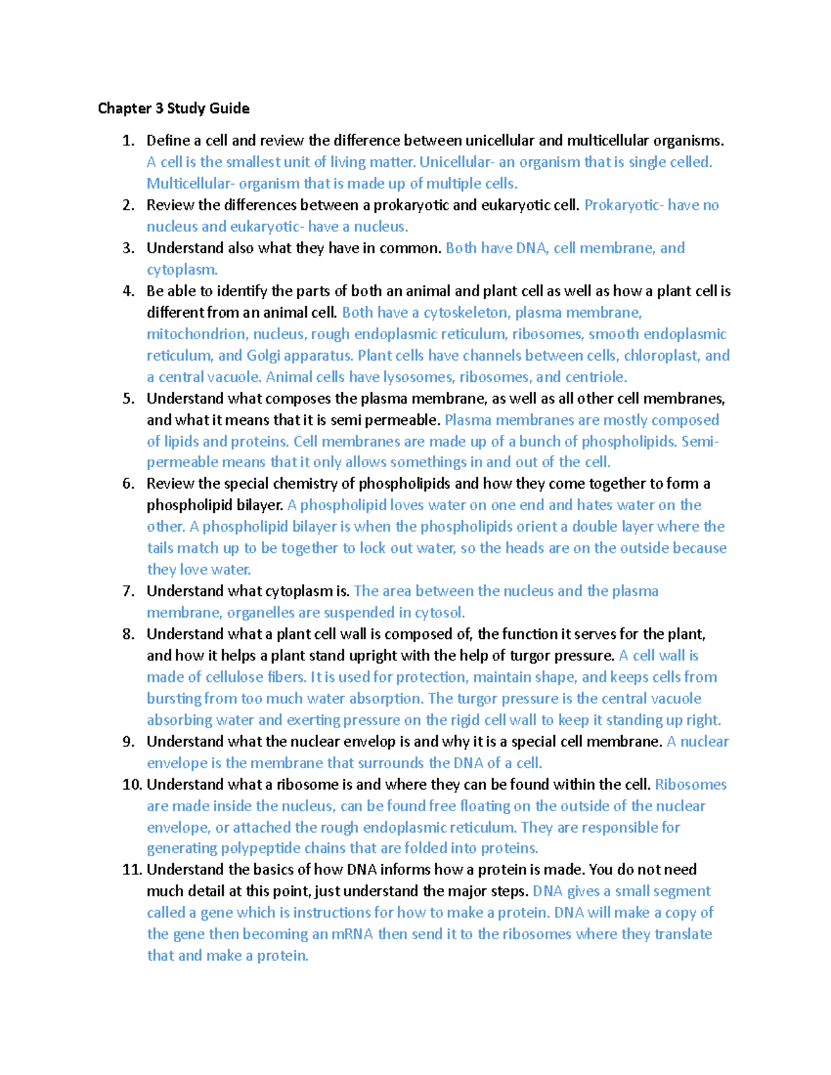 Chapter 3 Study Guide - Chapter 3 Study Guide Define a cell and review ...