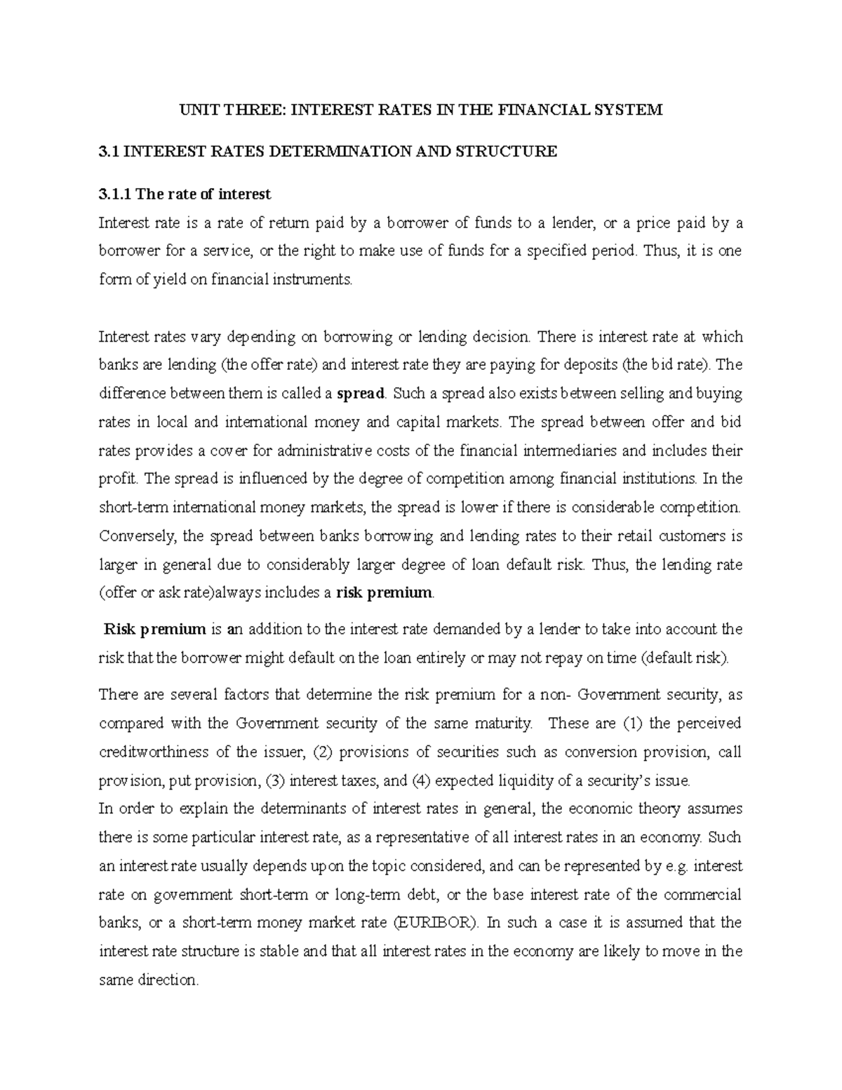 Chapter 3 FIM - UNIT THREE: INTEREST RATES IN THE FINANCIAL SYSTEM 3 ...