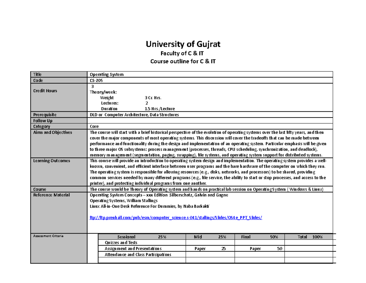 CS-205-Operating Systems - University of Gujrat Faculty of C & IT Course outline for C & IT ...