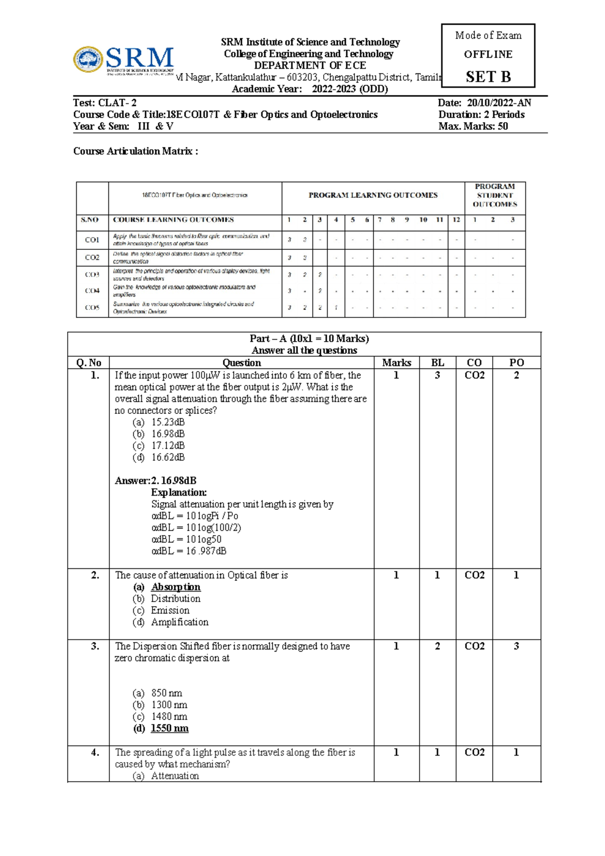Clat2-QP set B-Answer key - SRM Institute of Science and Technology College of Engineering and ...