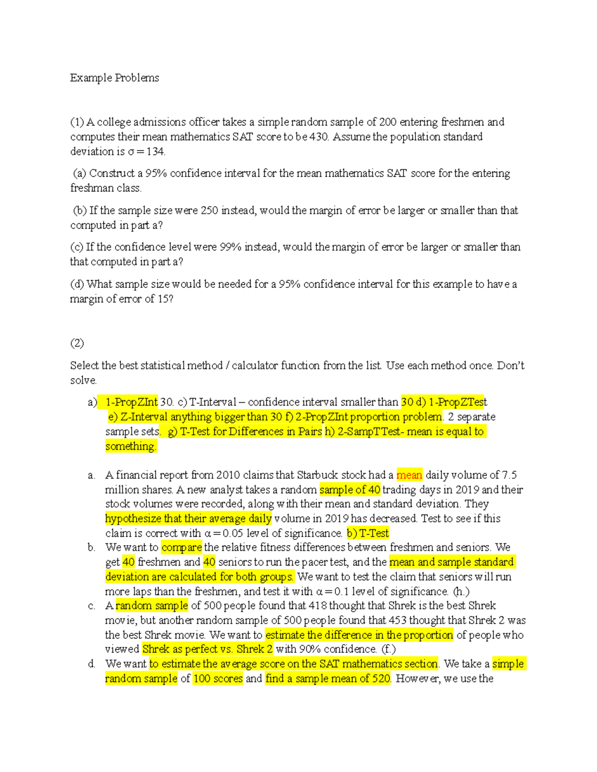 Practice Test Problems - Example Problems (1) A college admissions ...