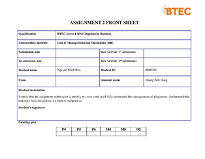 487.Assignment 2 frontsheet (3) - ASSIGNMENT 2 FRONT SHEET Qualification BTEC Level 4 HND ...