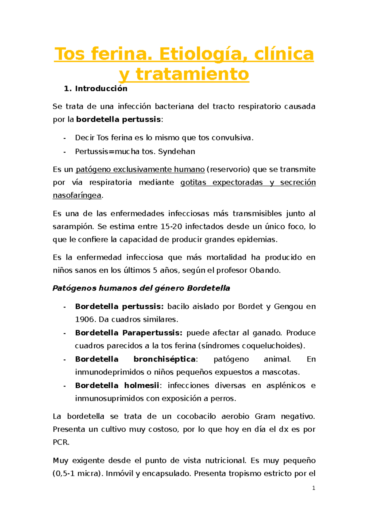 Tos ferina - Etiología, clínica y tratamiento Introducción Se trata de ...