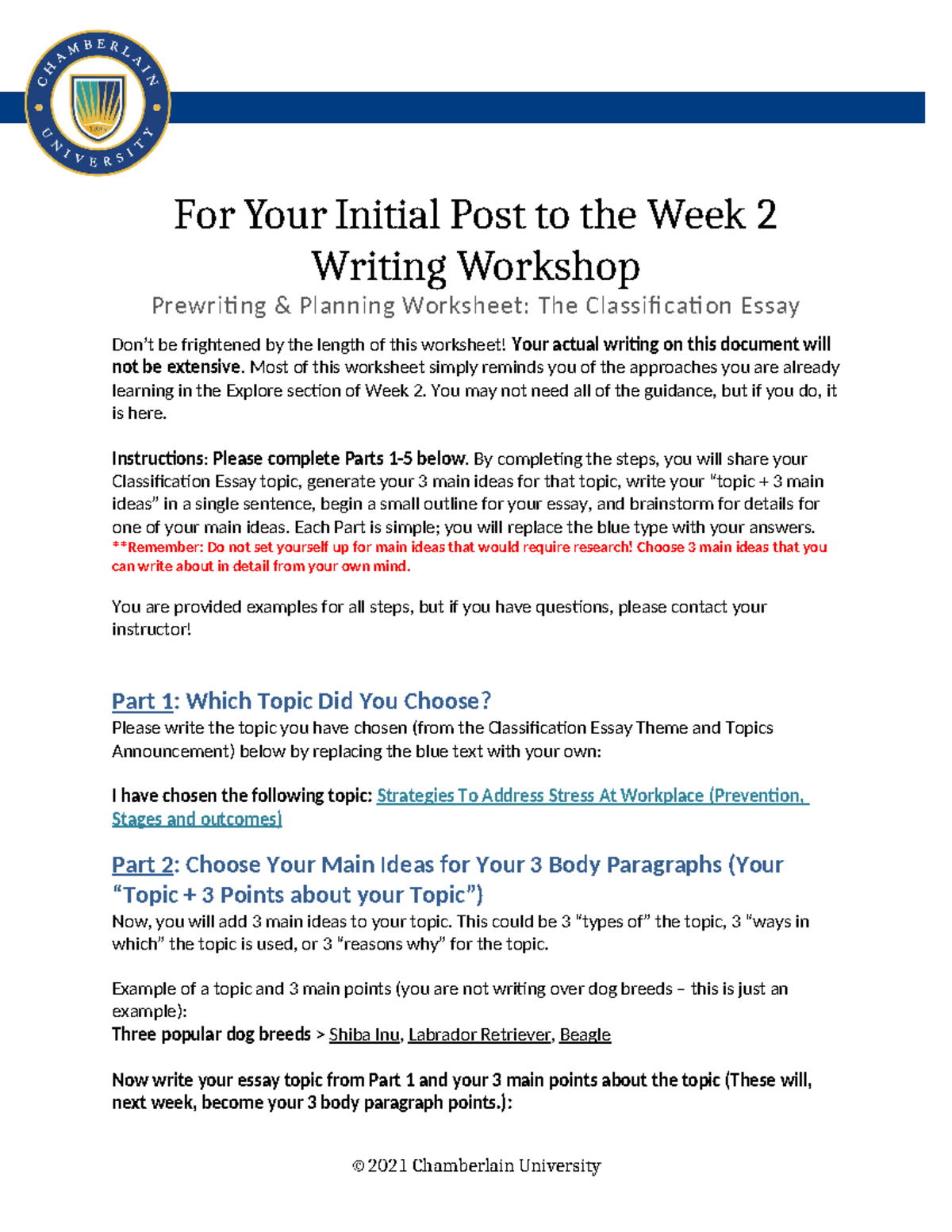 Week 4 Initial Post Classification Essay Prewriting Planning Worksheet ...