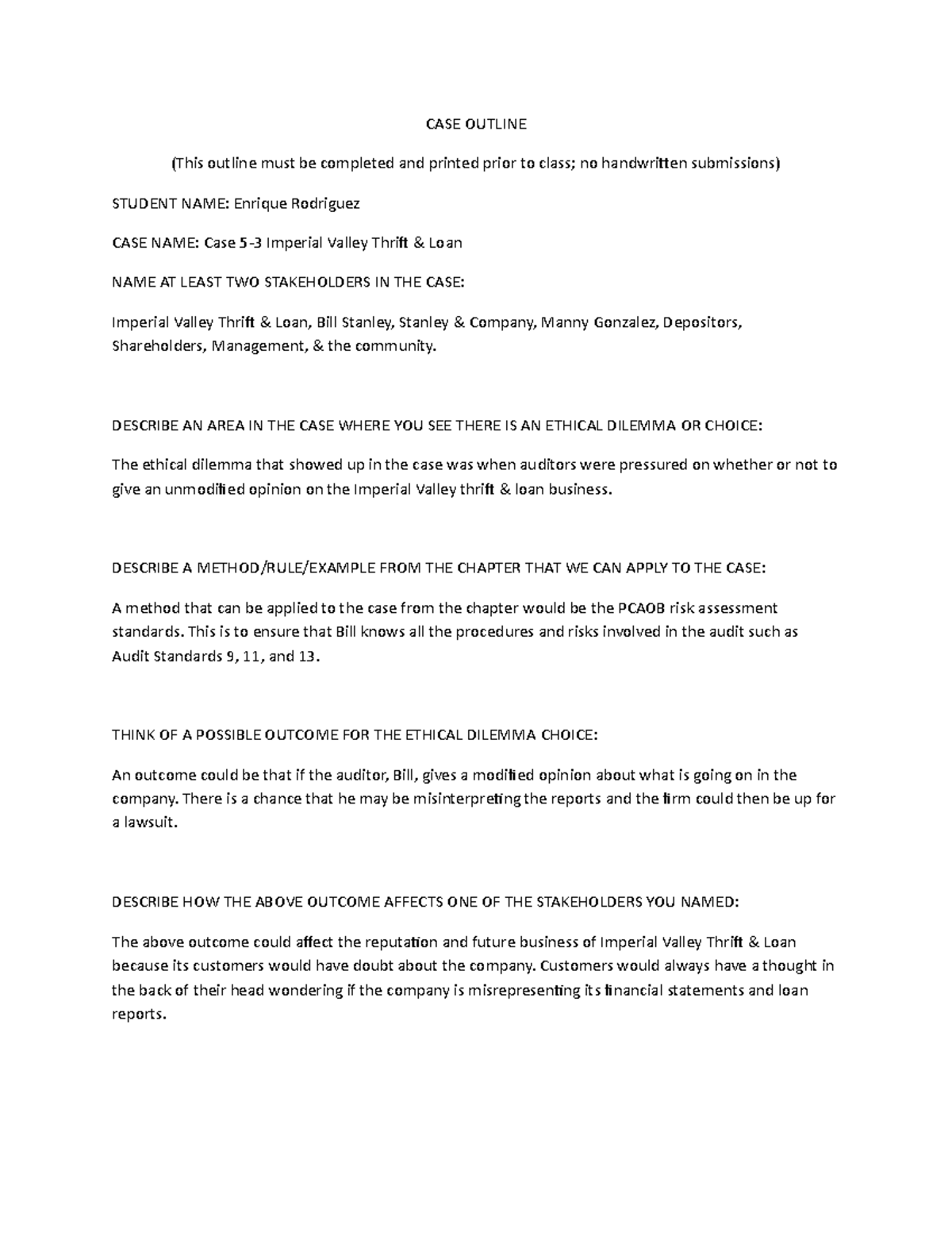 Case Outline 5-3 - CASE OUTLINE (This outline must be completed and ...