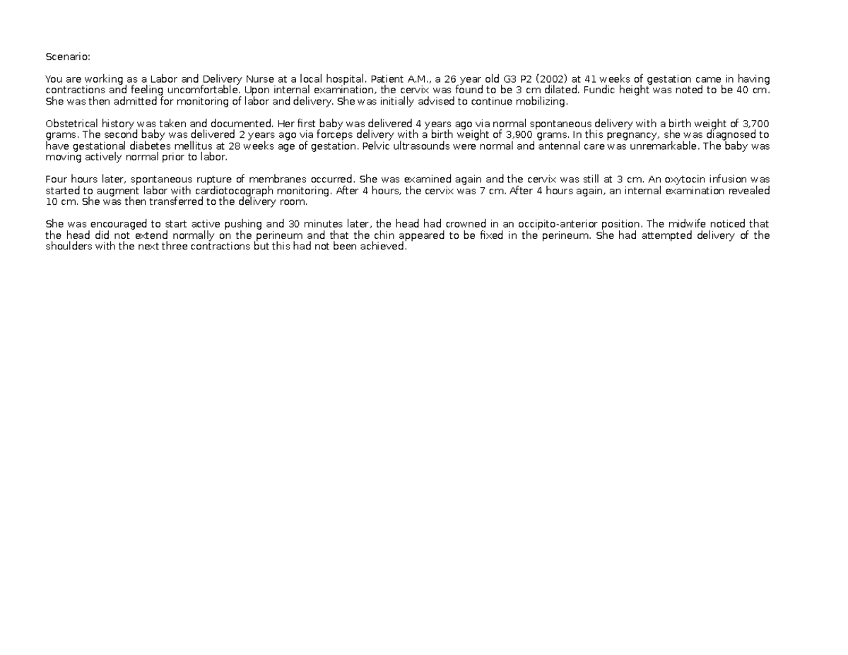NCP SD - ncp - Scenario: You are working as a Labor and Delivery Nurse ...