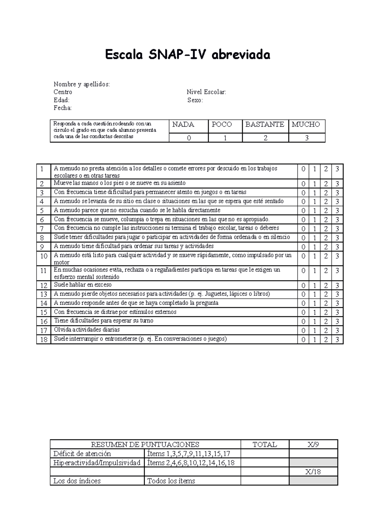 Escala SNAP-IV abreviada - Escala SNAP-IV abreviada Nombre y apellidos: Centro Nivel Escolar ...