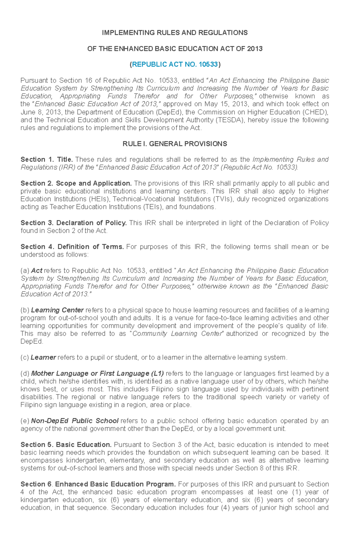Implementing Rules And Regulations Implementing Rules And Regulations