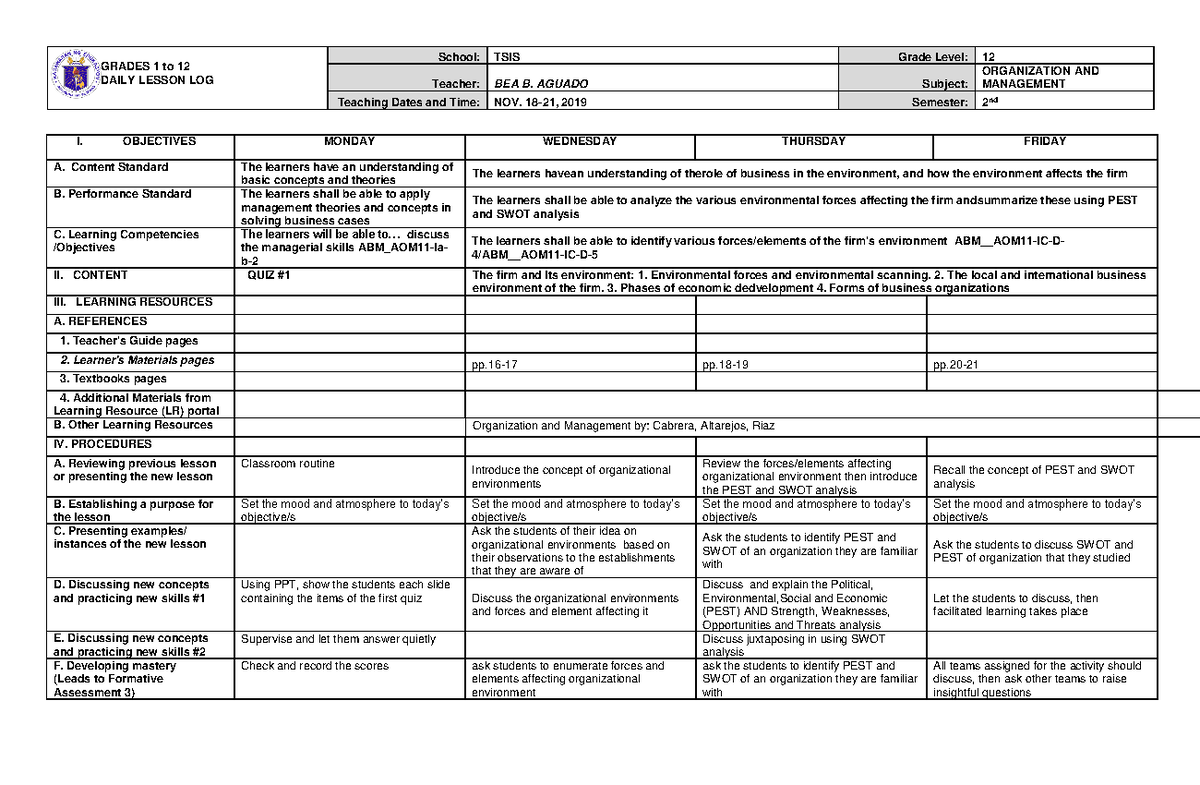 Scribd - GRADES 1 to 12 DAILY LESSON LOG School: TSIS Grade Level: 12 ...