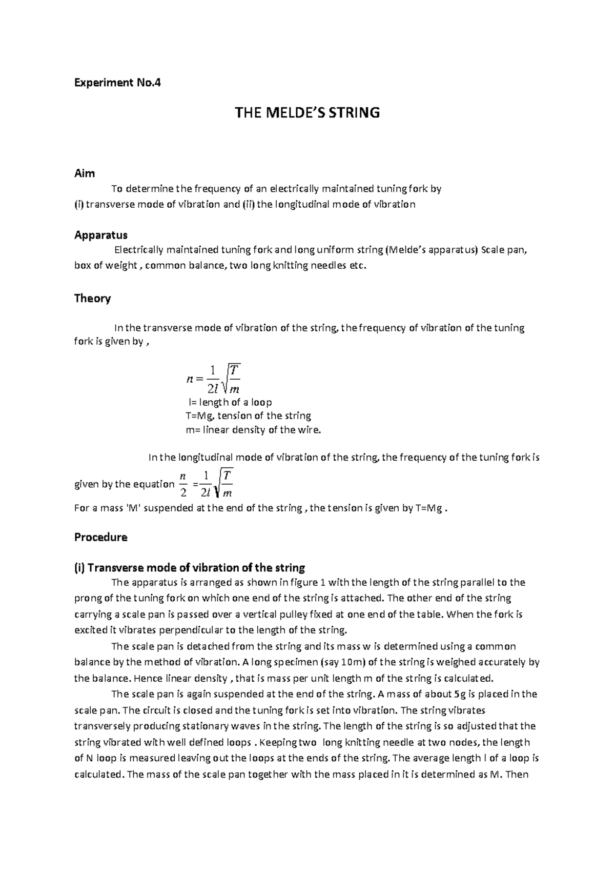 Melde s string-1 - Fhgvbbv - Experiment No. THE MELDE’S STRING Aim To ...