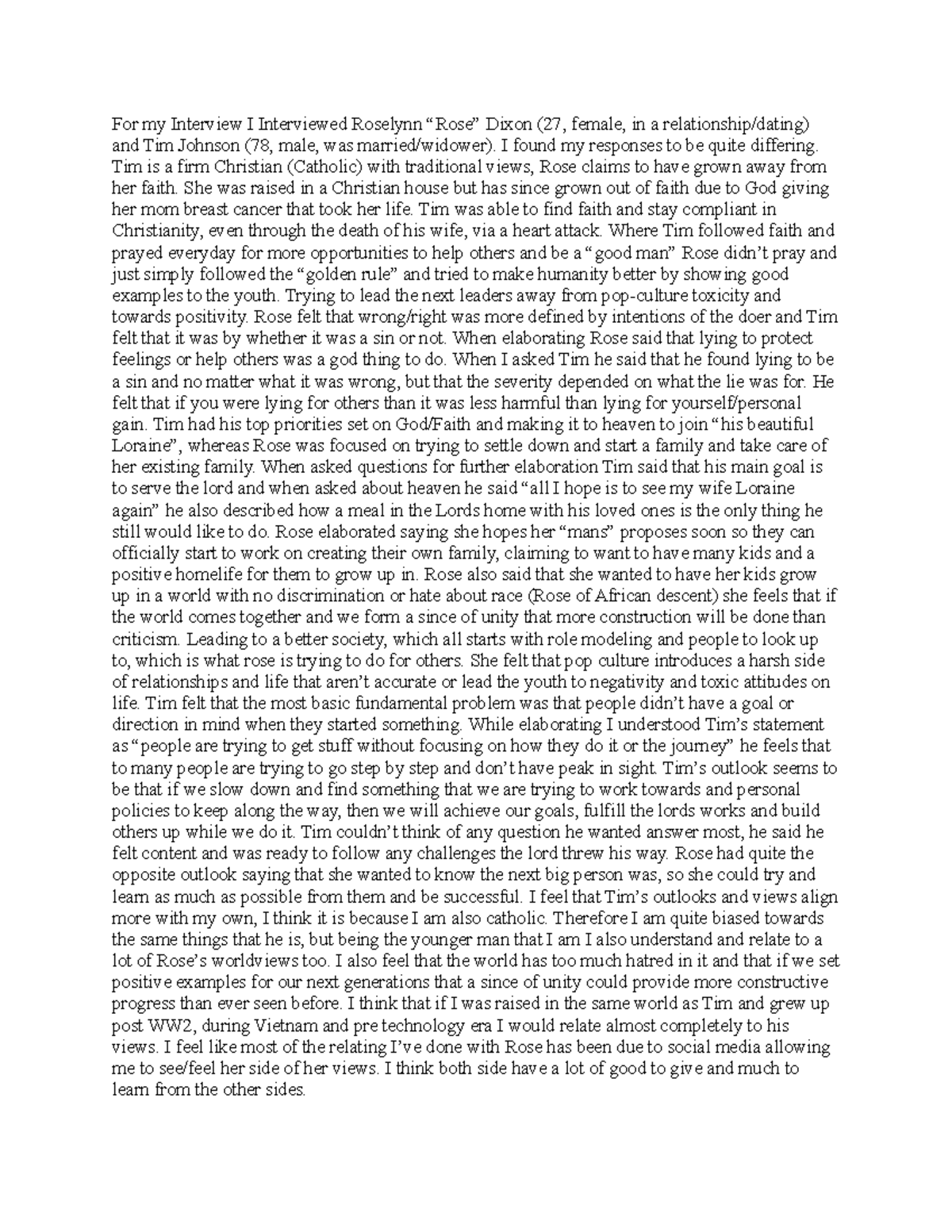 Interview and Reflection Project Paper - For my Interview I Interviewed ...