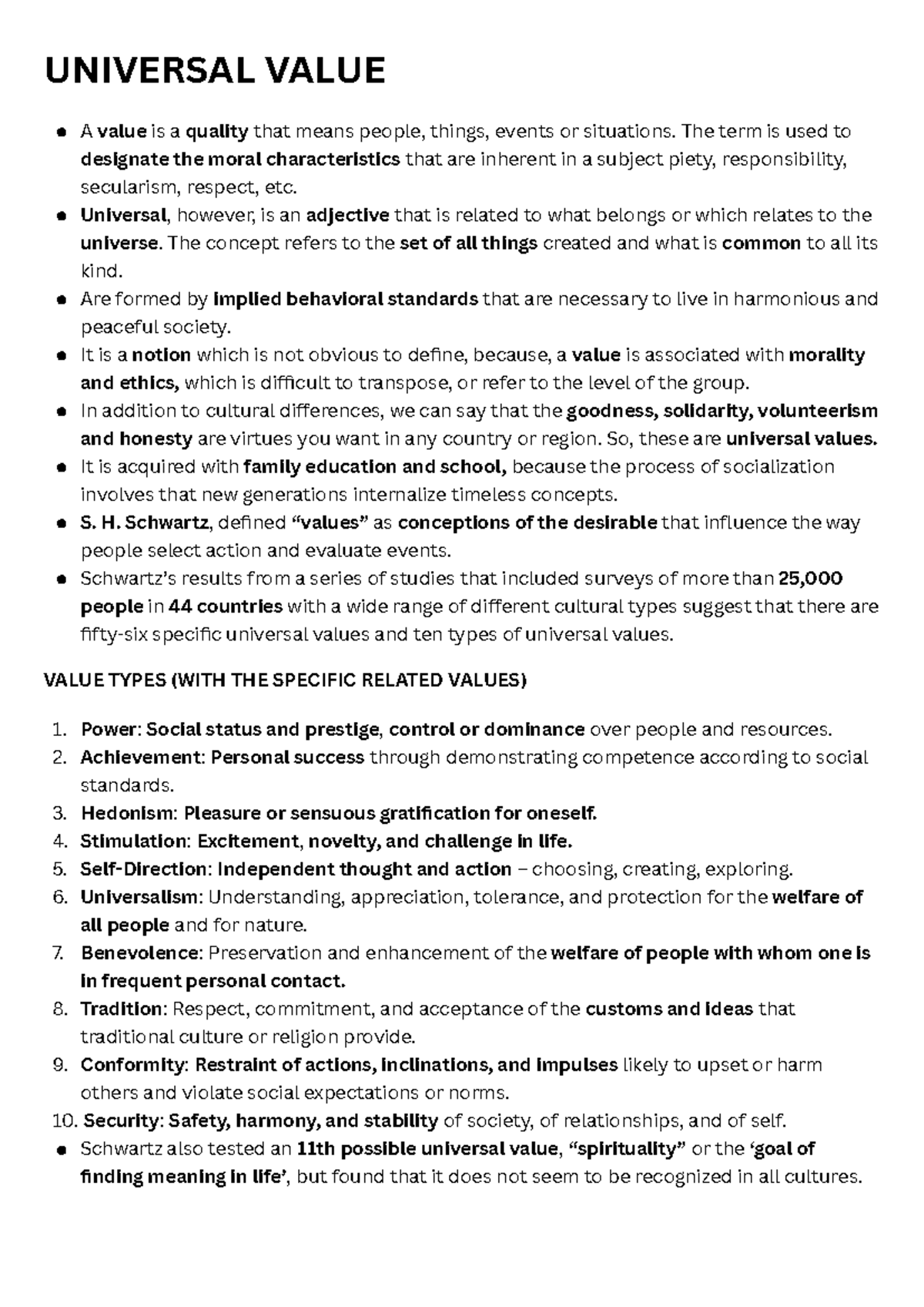 GE8- Reviewer - UNIVERSAL VALUE VALUE TYPES (WITH THE SPECIFIC RELATED VALUES) A value is a ...