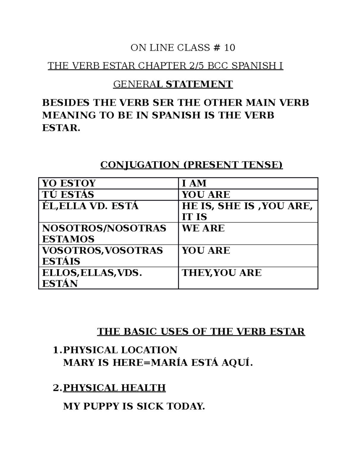 YEAR 49 ON- LINE Class #10 Estar AND USES Spanish I BCC Chapter 2 AND ...