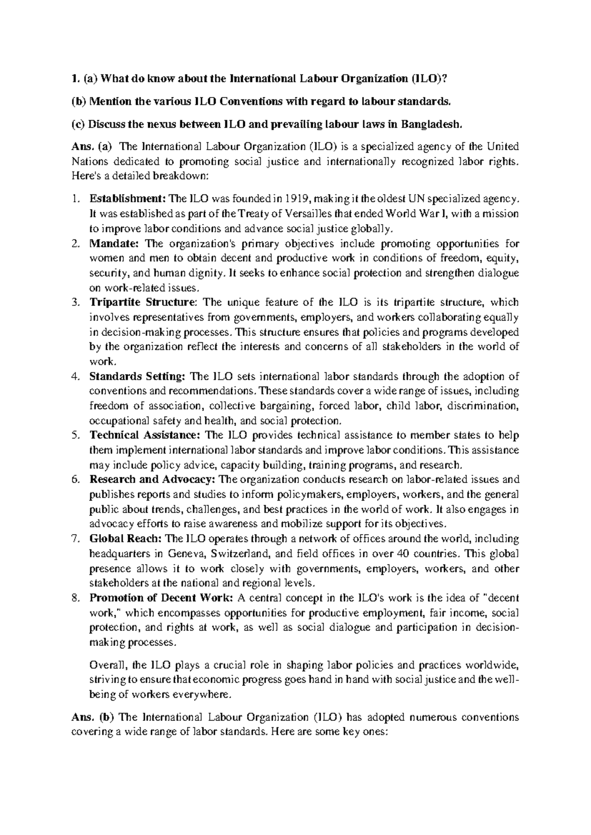 ILO - (c) Discuss the nexus between ILO and prevailing labour laws in ...