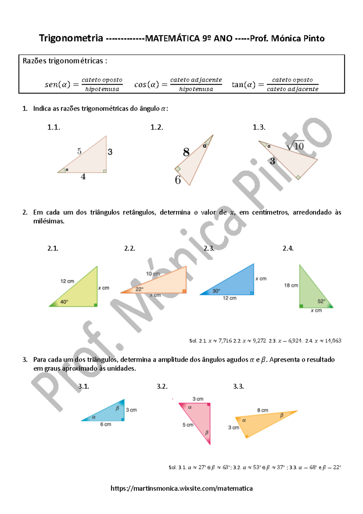 Ficha trigonometria - exercícios - Trigonometria -MATEMÁTICA 9º ANO ...