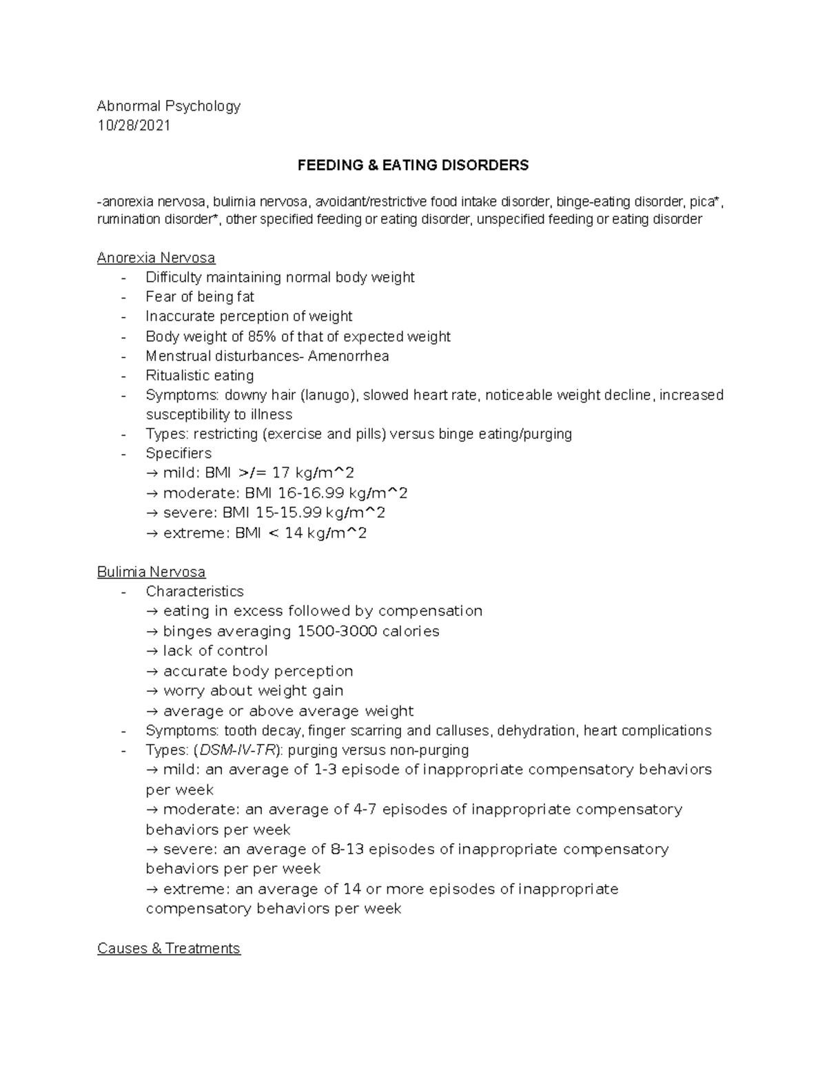 AP Notes 10 28 - Abnormal Psychology 10/28/ FEEDING & EATING DISORDERS ...