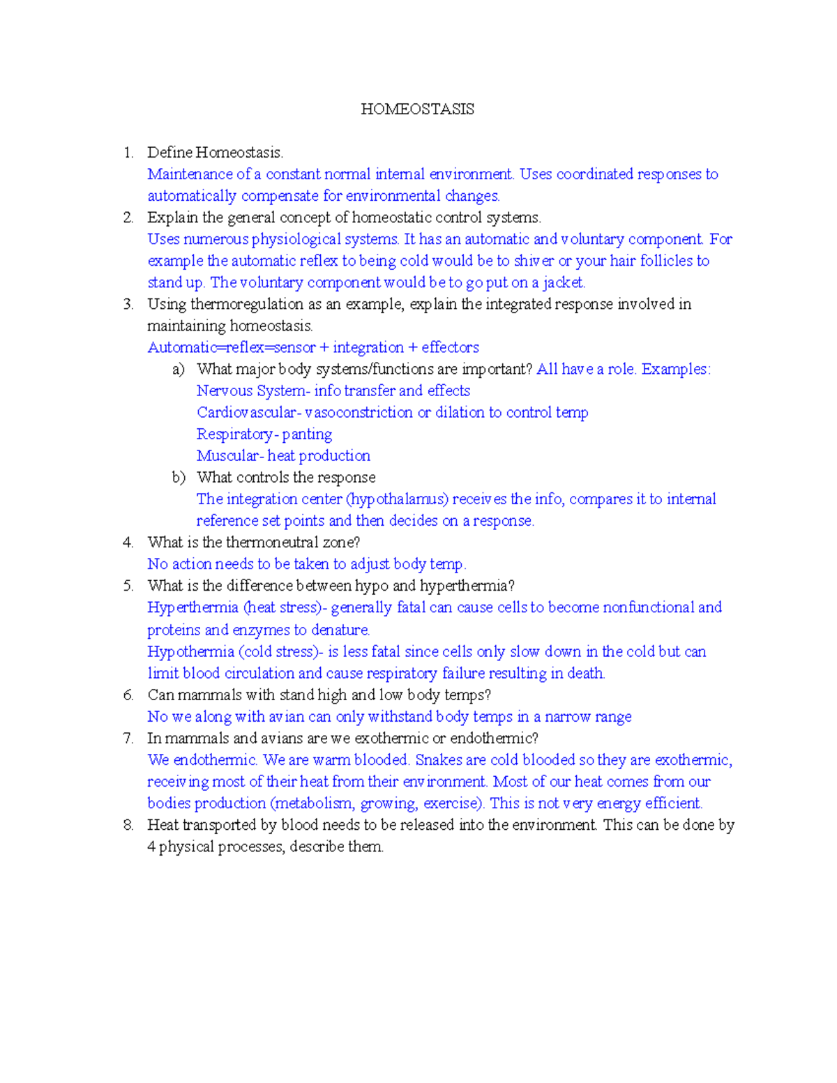 Homeostasis Lectures Practice Questions by Student - HOMEOSTASIS Define ...