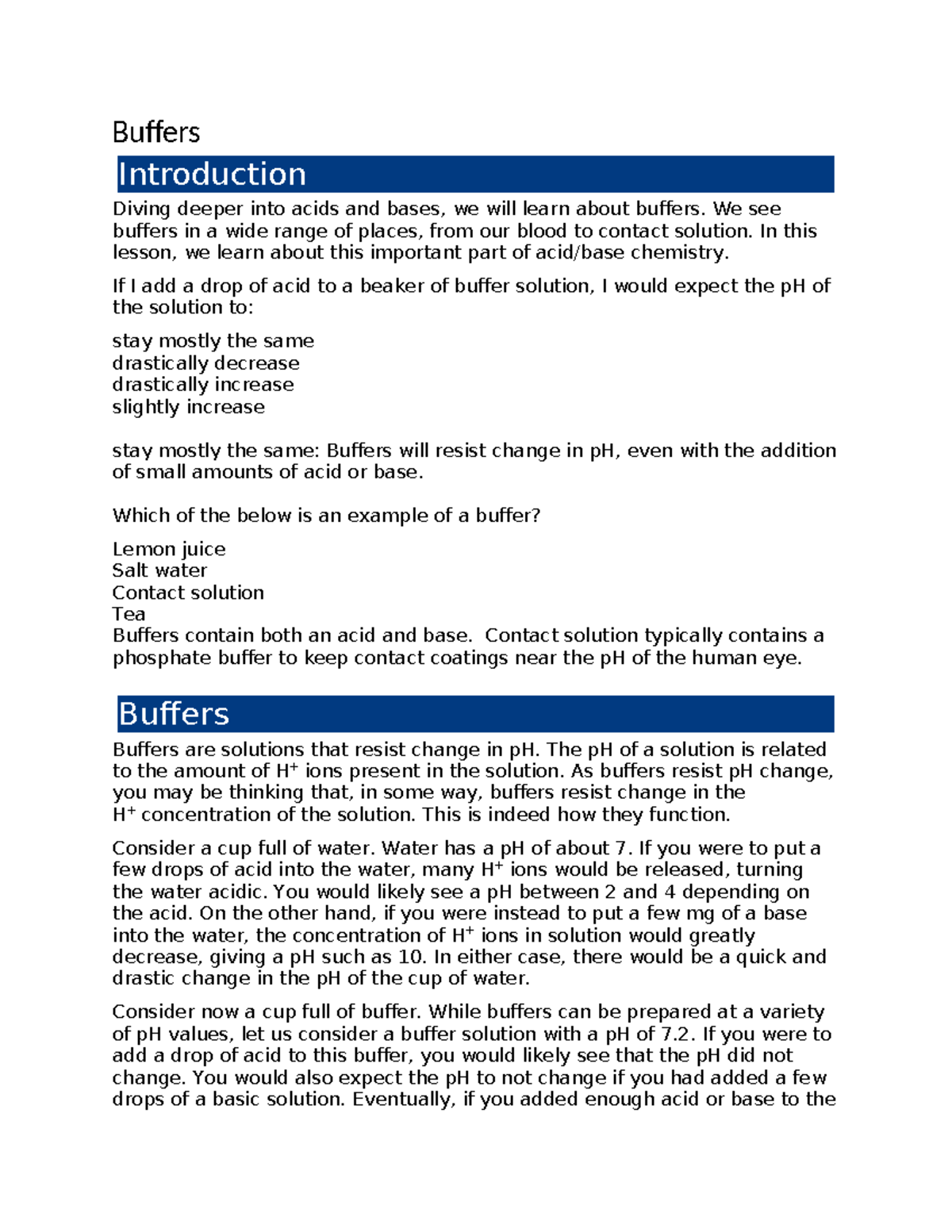 Buffers - lecture notes - Buffers Introduction Diving deeper into acids ...