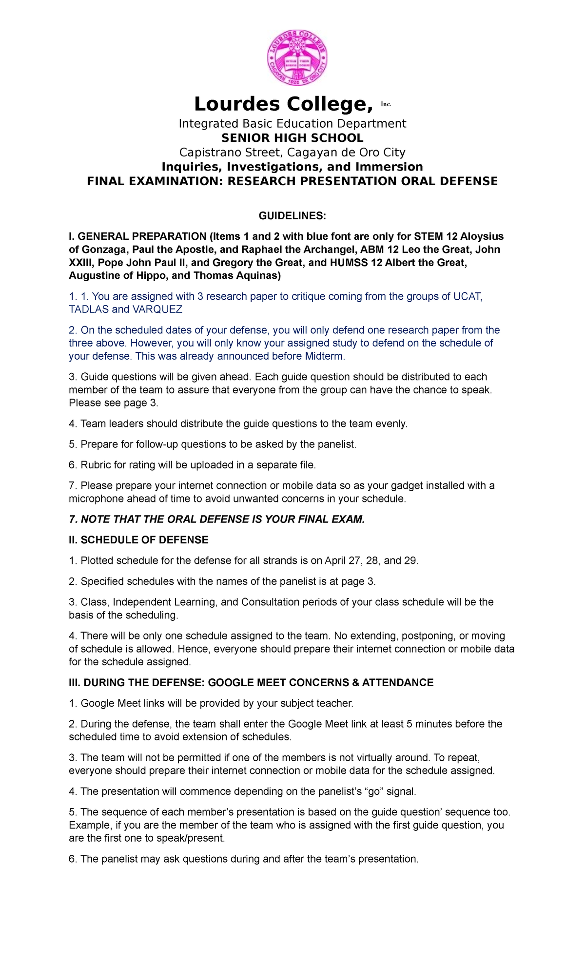 Grade 12 Oral Defense General Guidelines Schedule and Guide Topics and ...