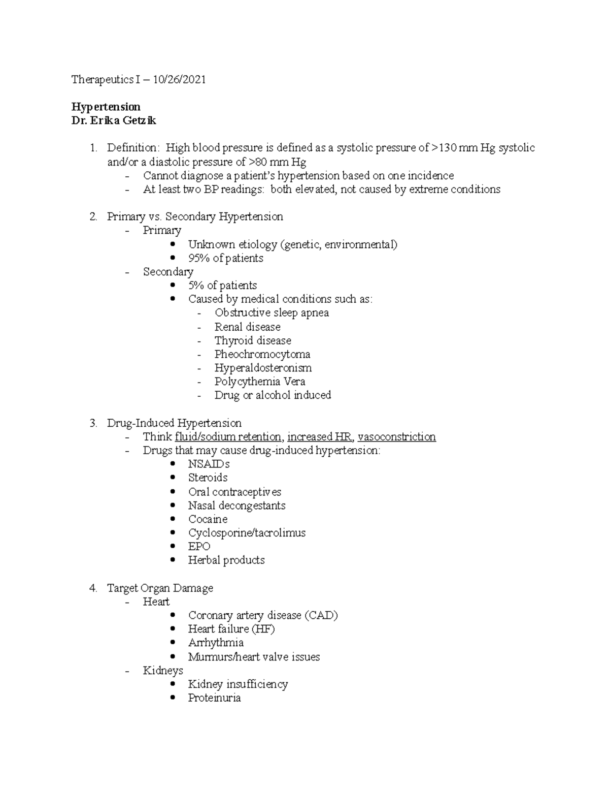 Hypertension study guide - Therapeutics I – 10/26/ Hypertension Dr ...