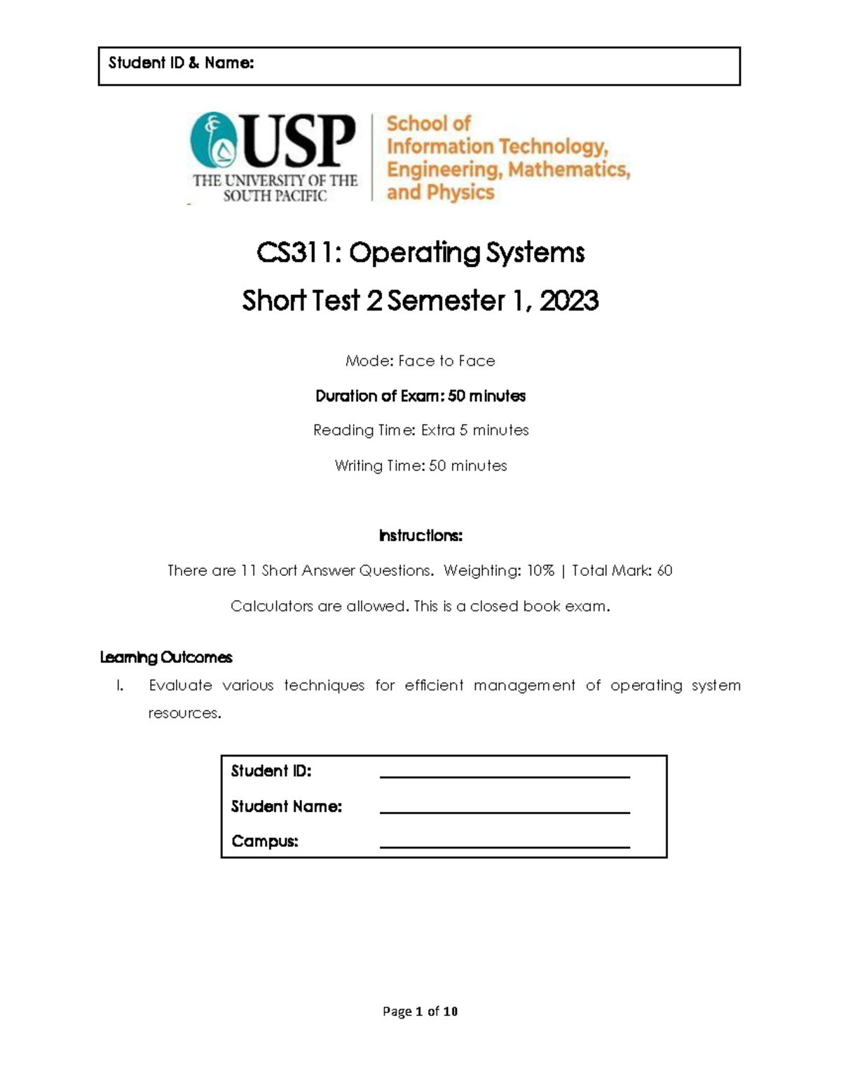 Short Test 2 CS311 Solution - CS3 11 : Operating Systems Short Test 2 ...