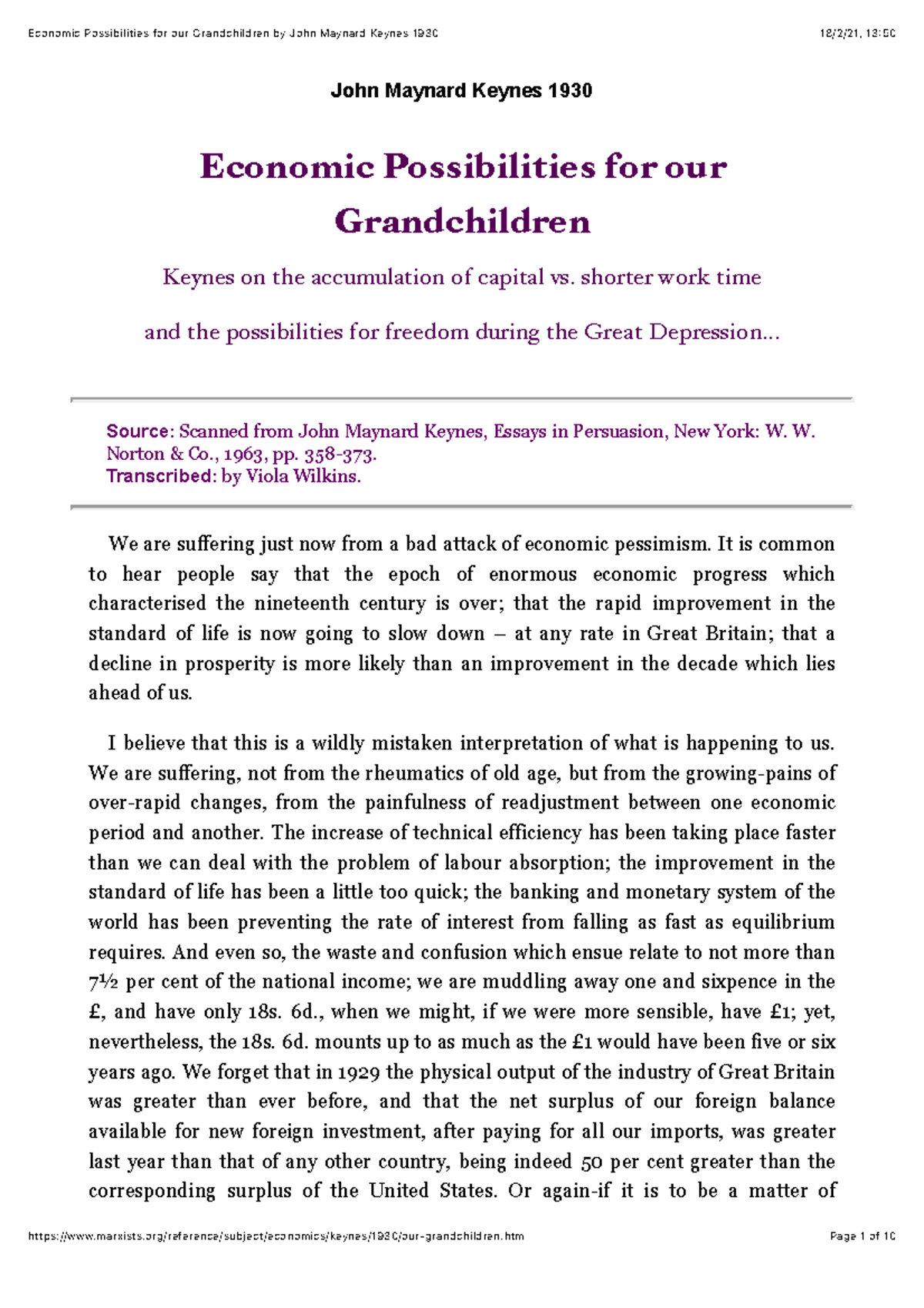 Economic Possibilities for our Grandchildren by John Maynard Keynes ...
