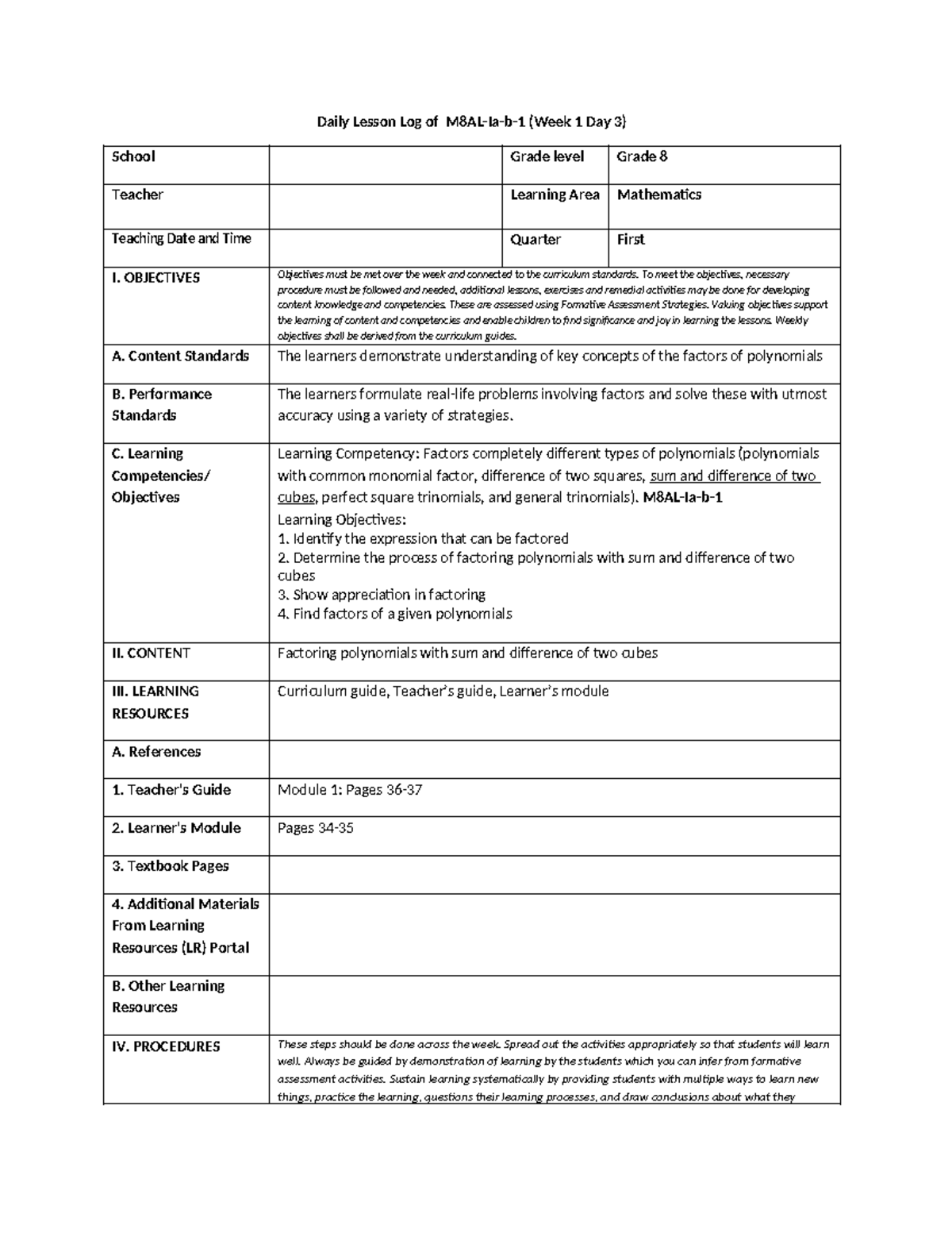 Daily Lesson Plan - Daily Lesson Log of M8AL-Ia-b-1 (Week 1 Day 3 ...