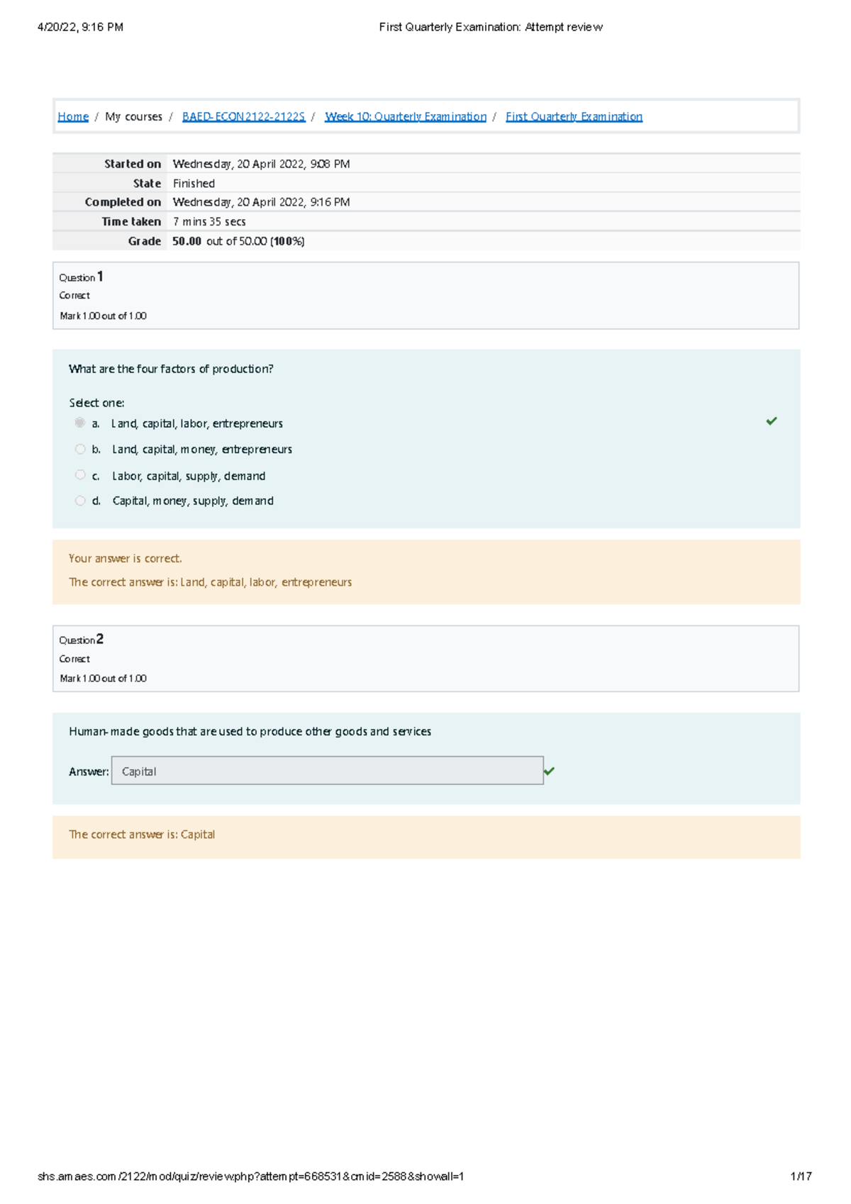 ECON2122 Applied Economics First Quarterly Examination Attempt review ...