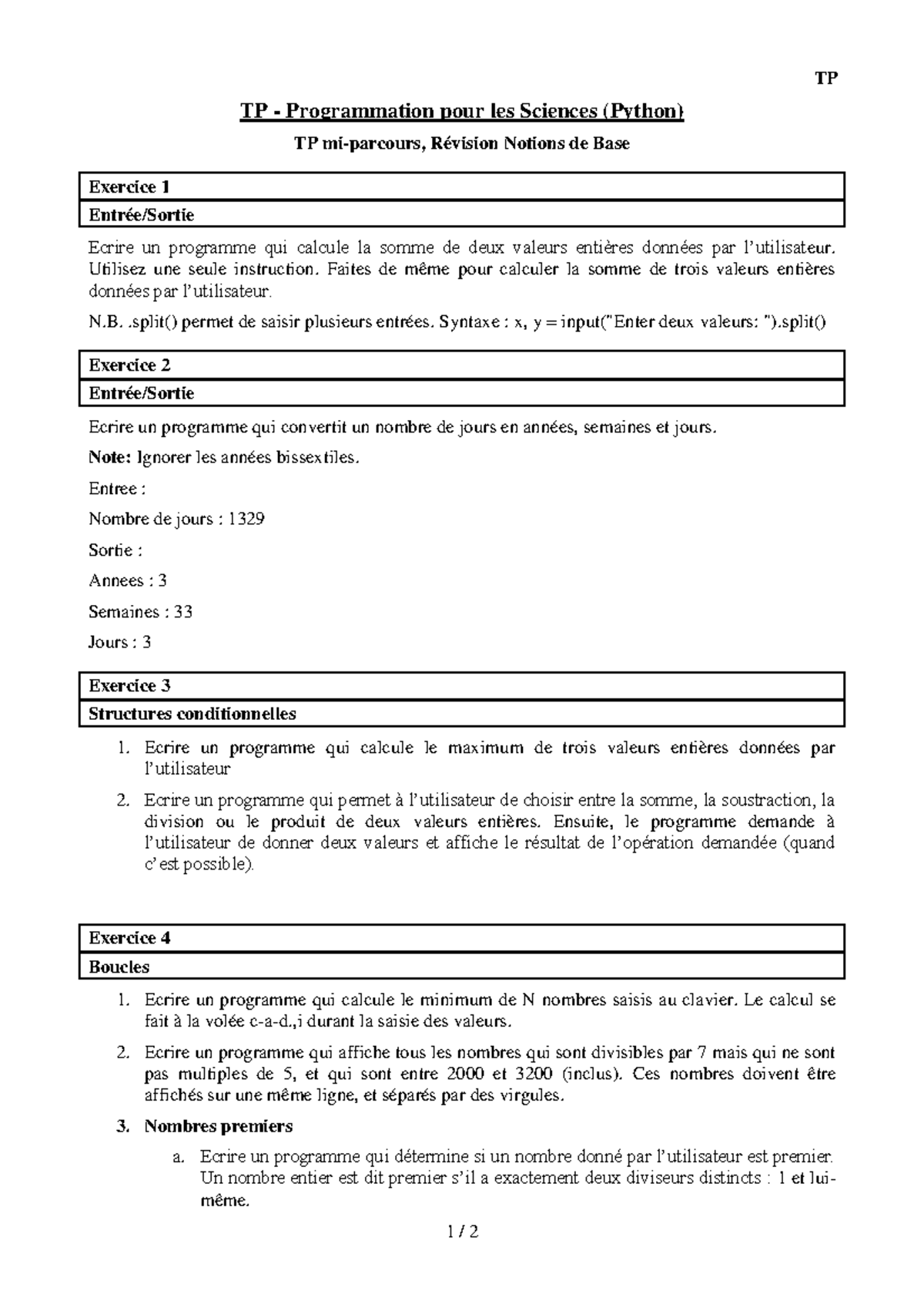 TP Revision - 1 / 2 TP TP - Programmation pour les Sciences (Python) TP ...