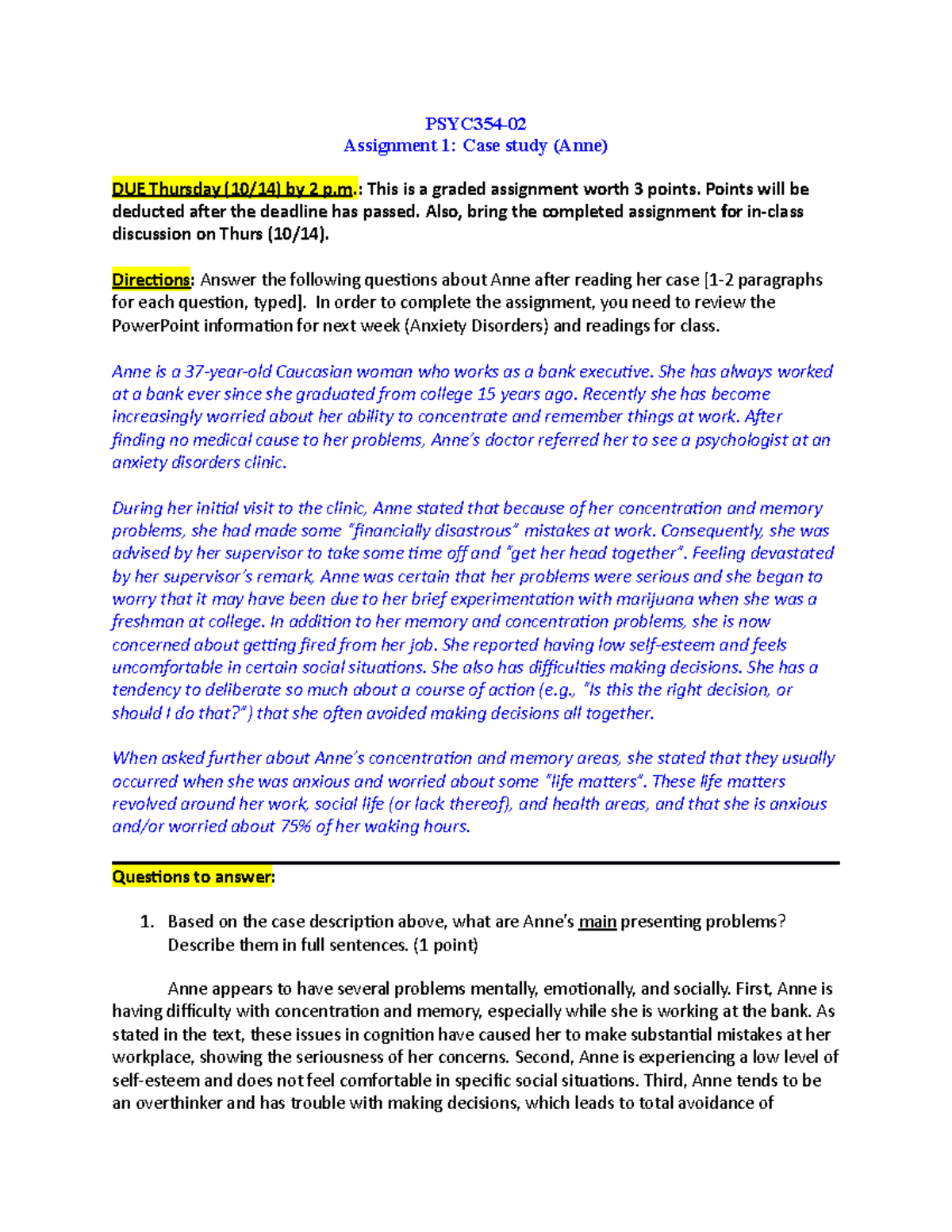 PSYC 354 - Assignment 1 (Case Study) - PSYC354- Assignment 1: Case ...