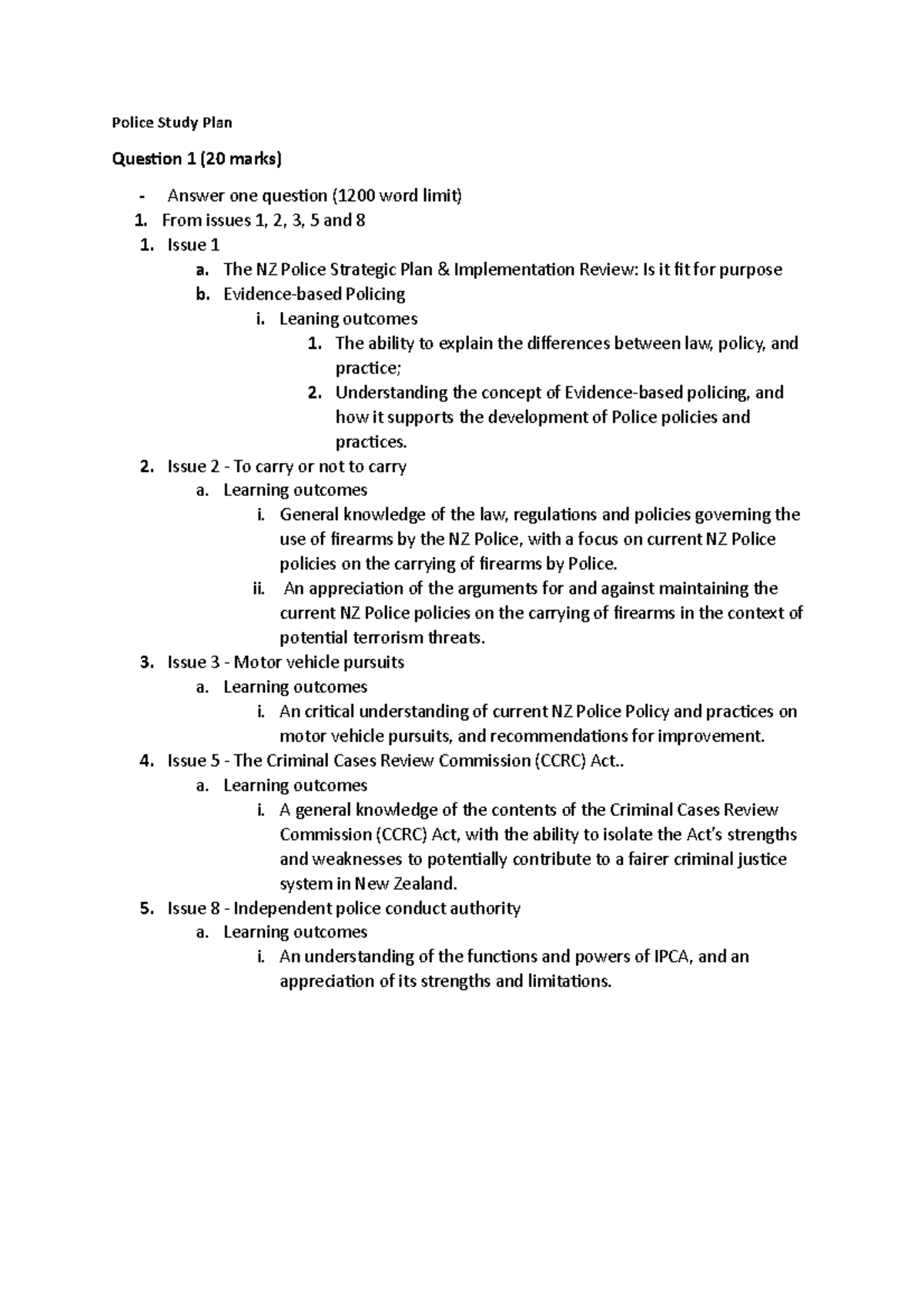 Police Study Plan - Each question topic - with the learning outcomes ...