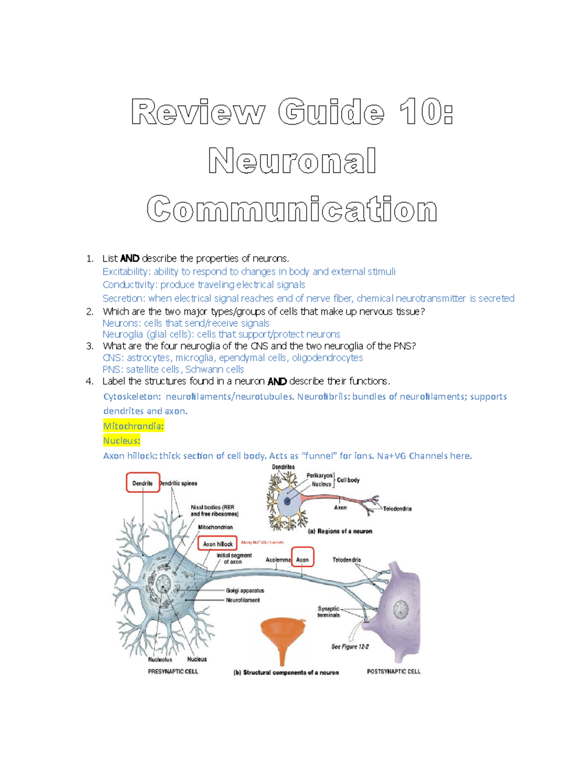 Neuronal communication guide - List AND describe the properties of ...