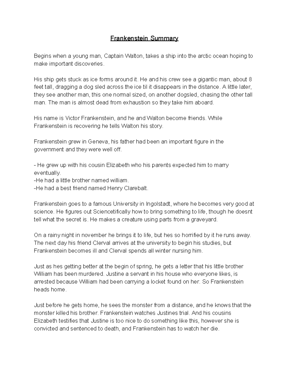 Marry Shelley Frankenstein Summary - Frankenstein Summary Begins when a ...