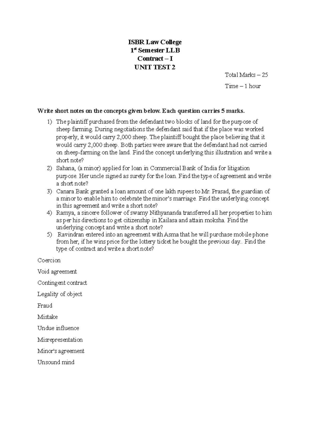 Question Paper Unit 2 - ISBR Law College 1 st Semester LLB Contract – I ...