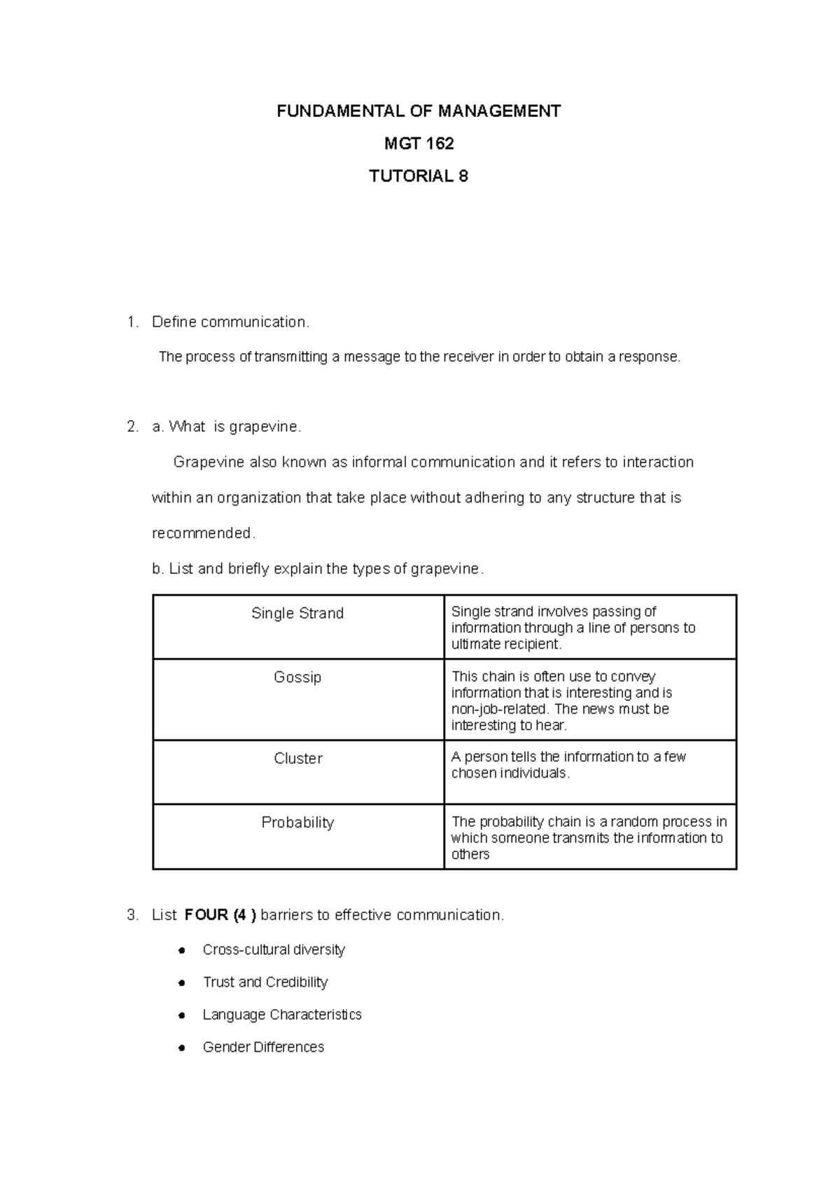 Tutorial 8 - FUNDAMENTAL OF MANAGEMENT MGT 162 TUTORIAL 8 1. Define ...
