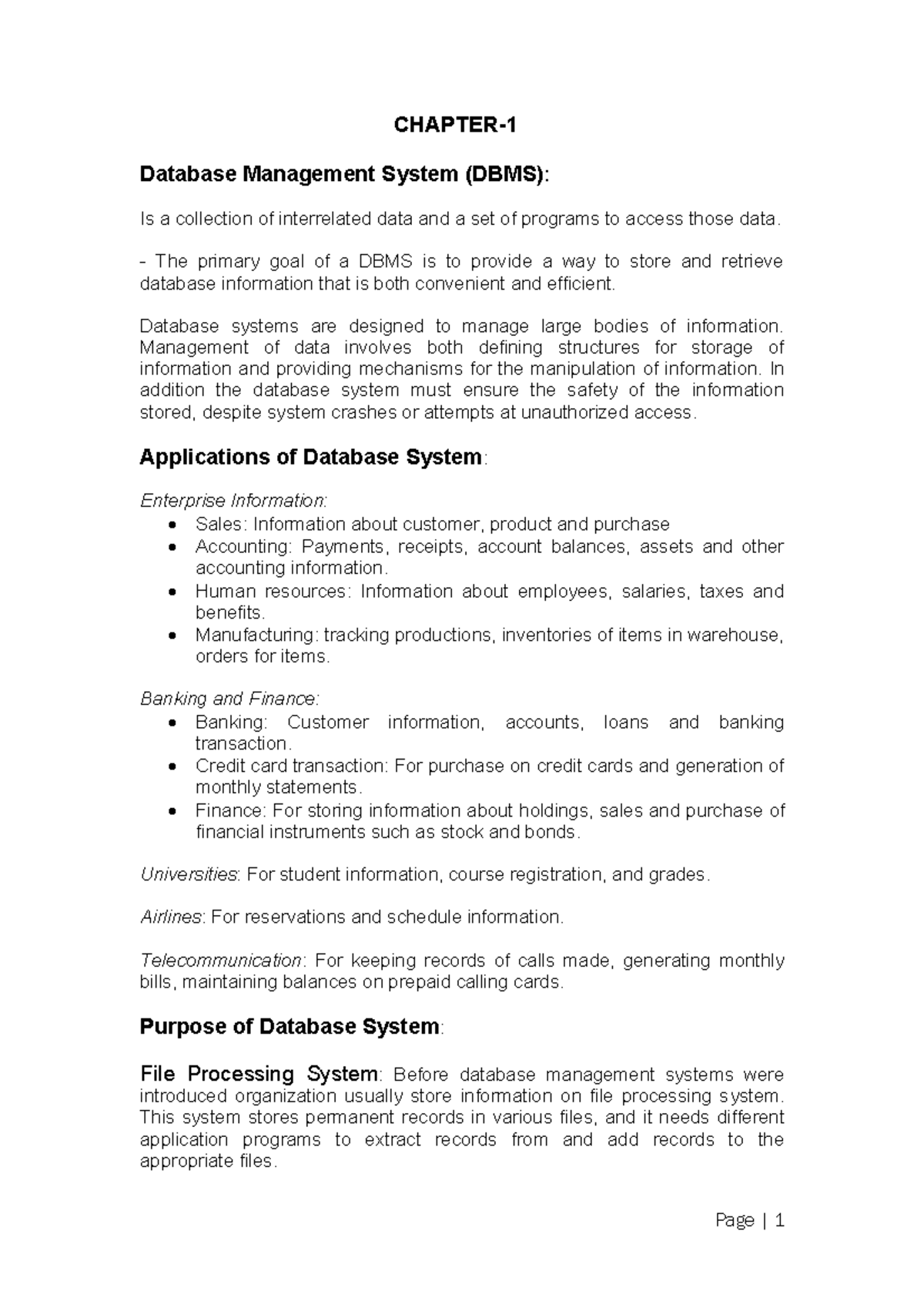 6th sem DBMS reference notes - Page | 1 CHAPTER- Database Management ...