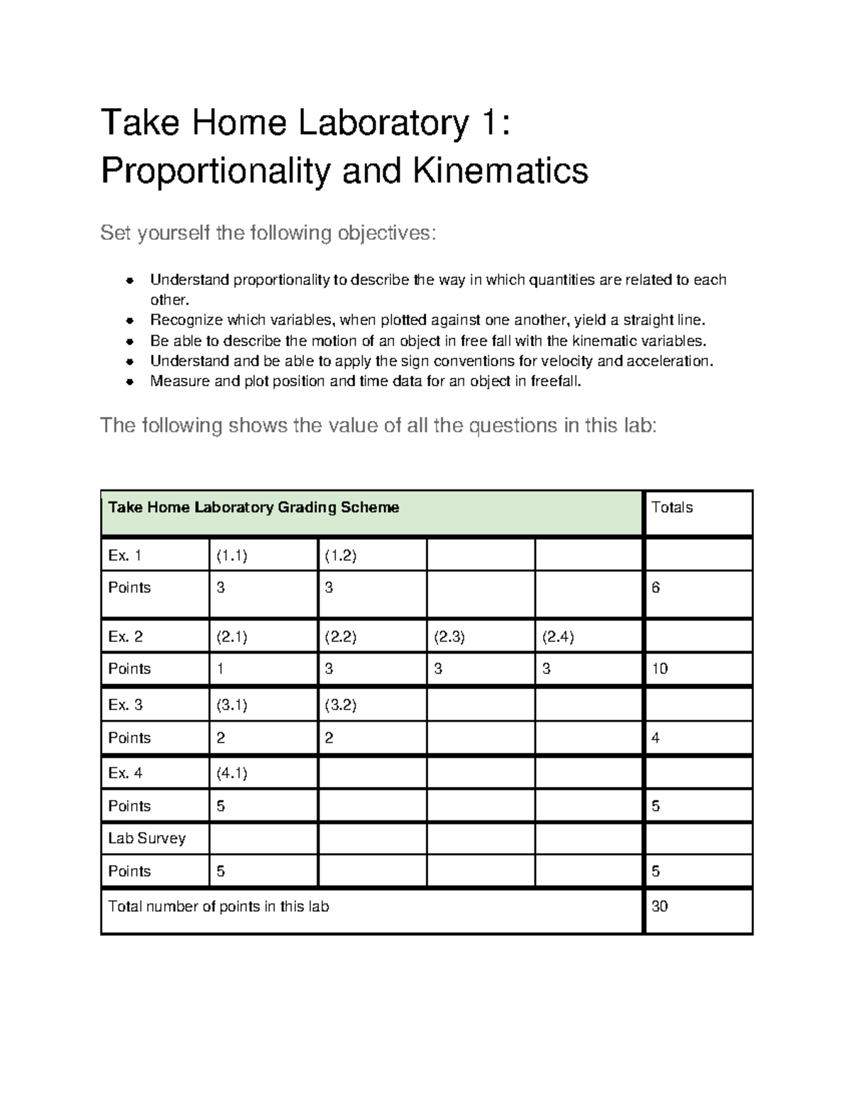 Take home lab W23 - lab outline - Take Home Laboratory 1: Proportionality and Kinematics Set ...