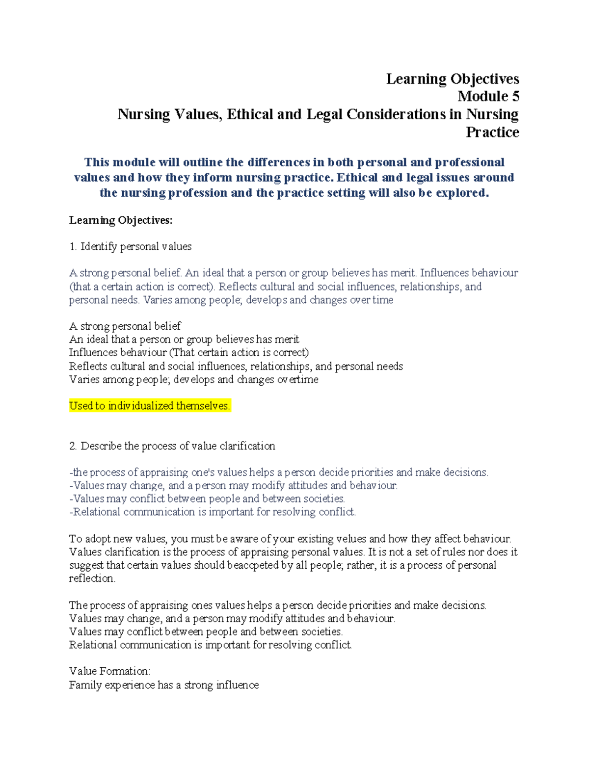 Nursing Arts LO Module 5 - Learning Objectives Module 5 Nursing Values ...