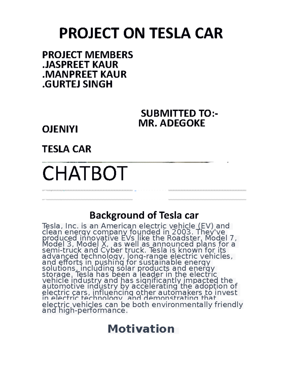 Teasla CAR Project 1 - PROJECT ON TESLA CAR PROJECT MEMBERS .JASPREET ...