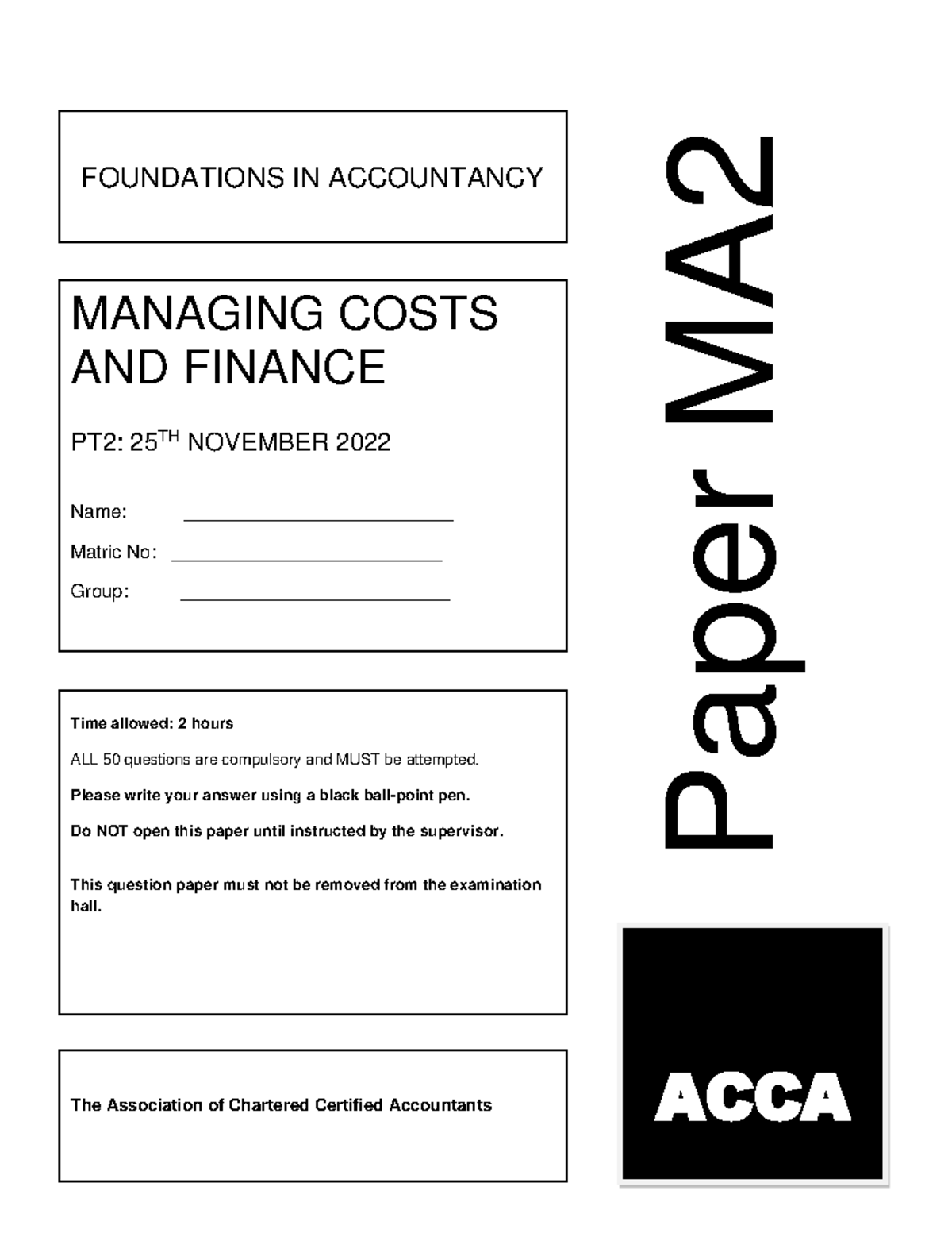 MA2 PT2 - Progress test for FIA-ACCA - FOUNDATIONS IN ACCOUNTANCY Paper ...