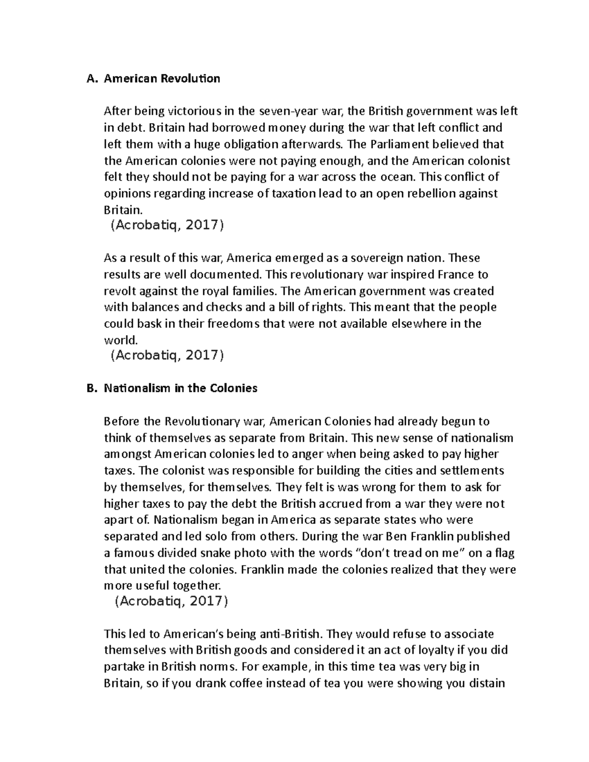 World History Task 4 - A. American Revolution After being victorious in ...